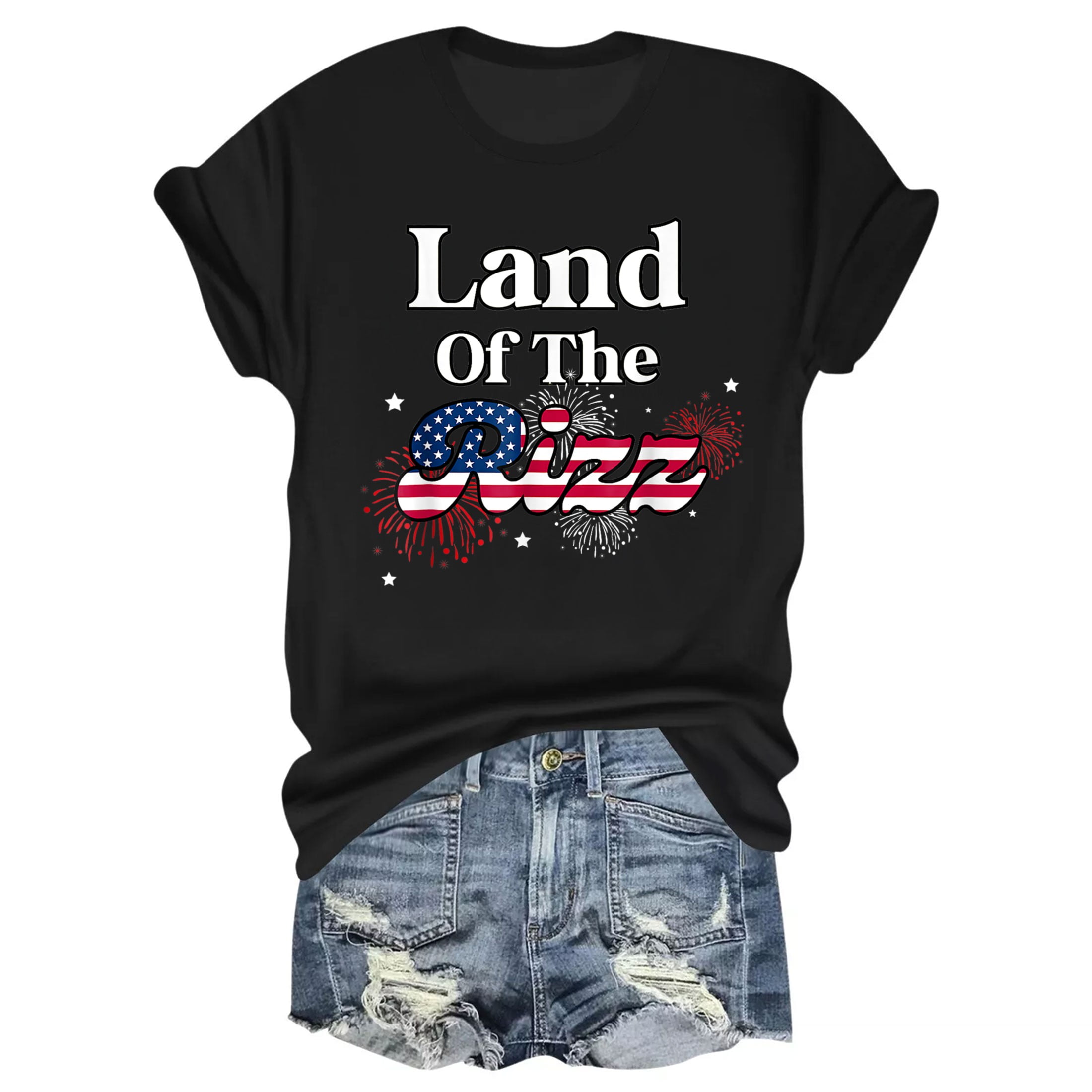 Land of the Rizz T-Shirt – Patriotic Fireworks & Stars Design ...