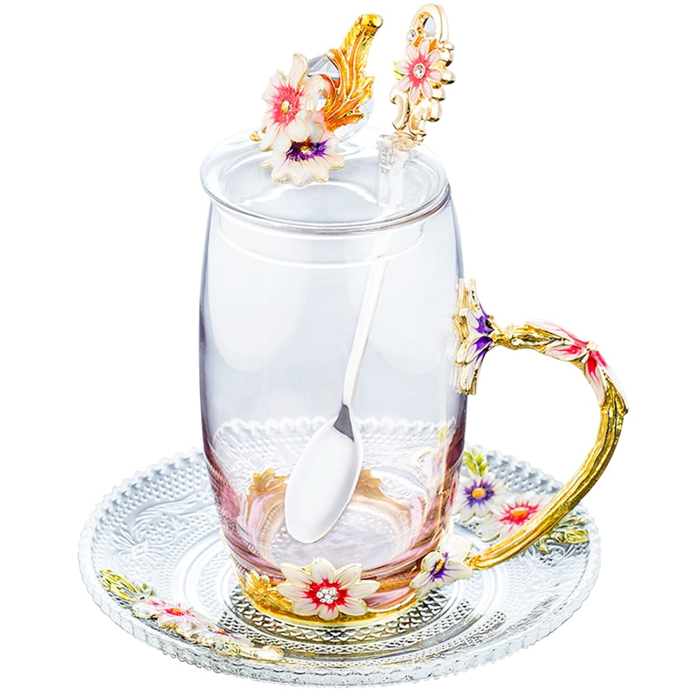 LandHope Colored Glass Tea Cup, 3D Vintage Flower, Handicraft, with Lid ...