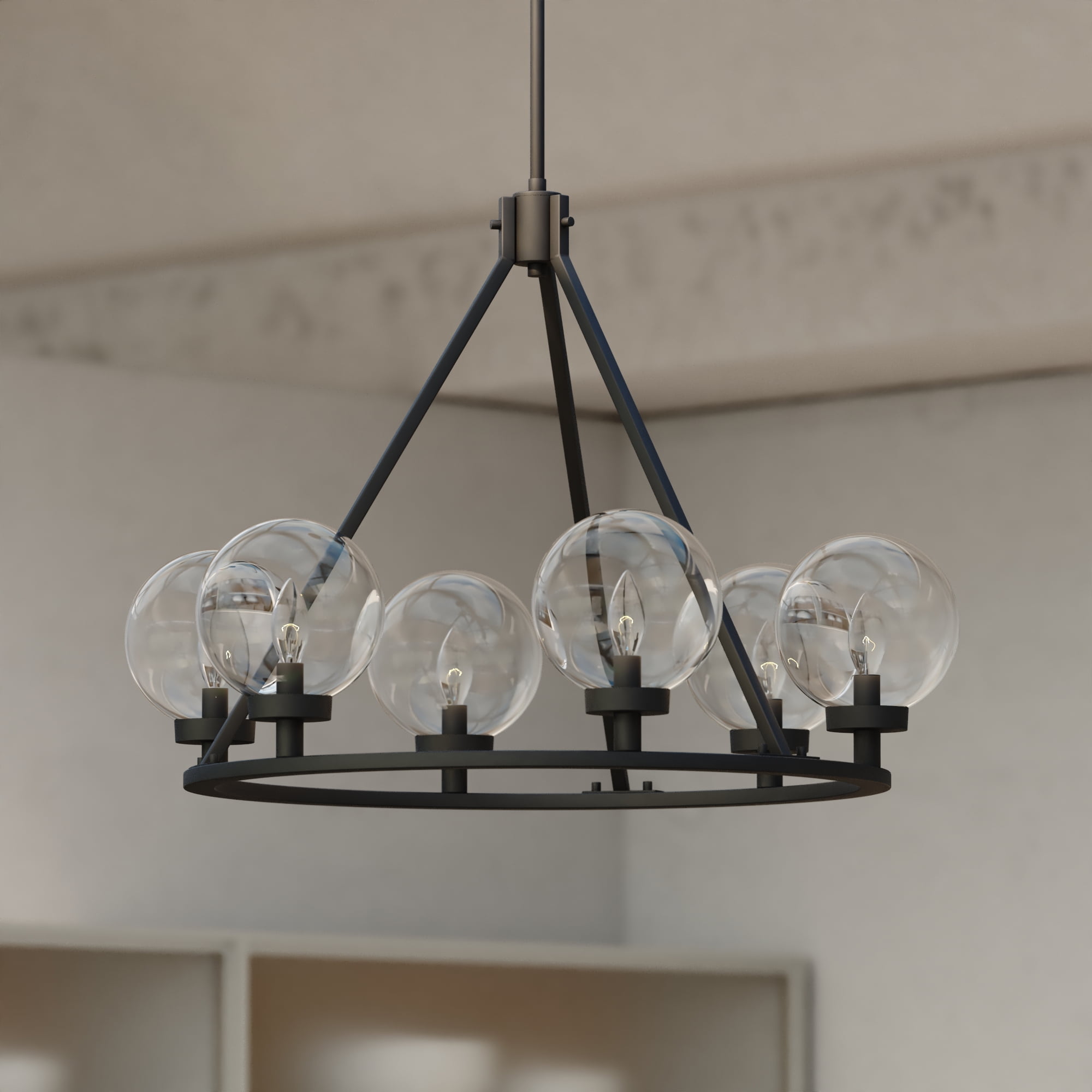 Lander 6 Light Matte Black Transitional Wheel Chandelier with Clear ...