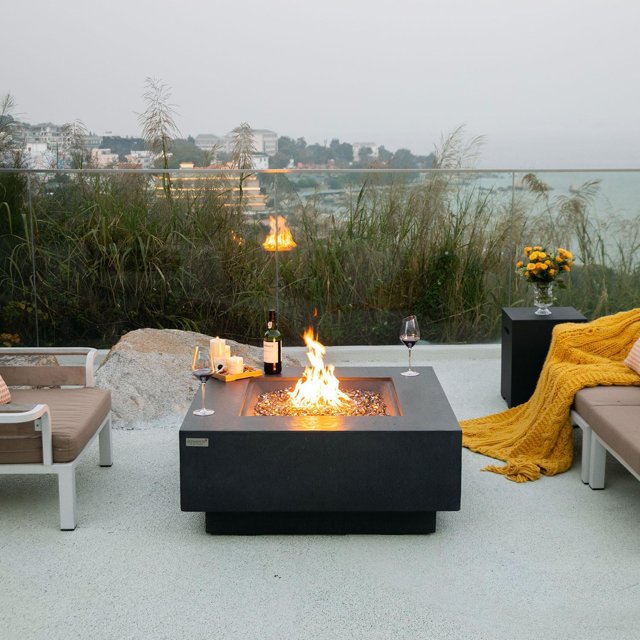 Landing View 40 Inch Square Concrete Natural Gas Fire Pit Table in Gray By Lakeview Outdoor ...