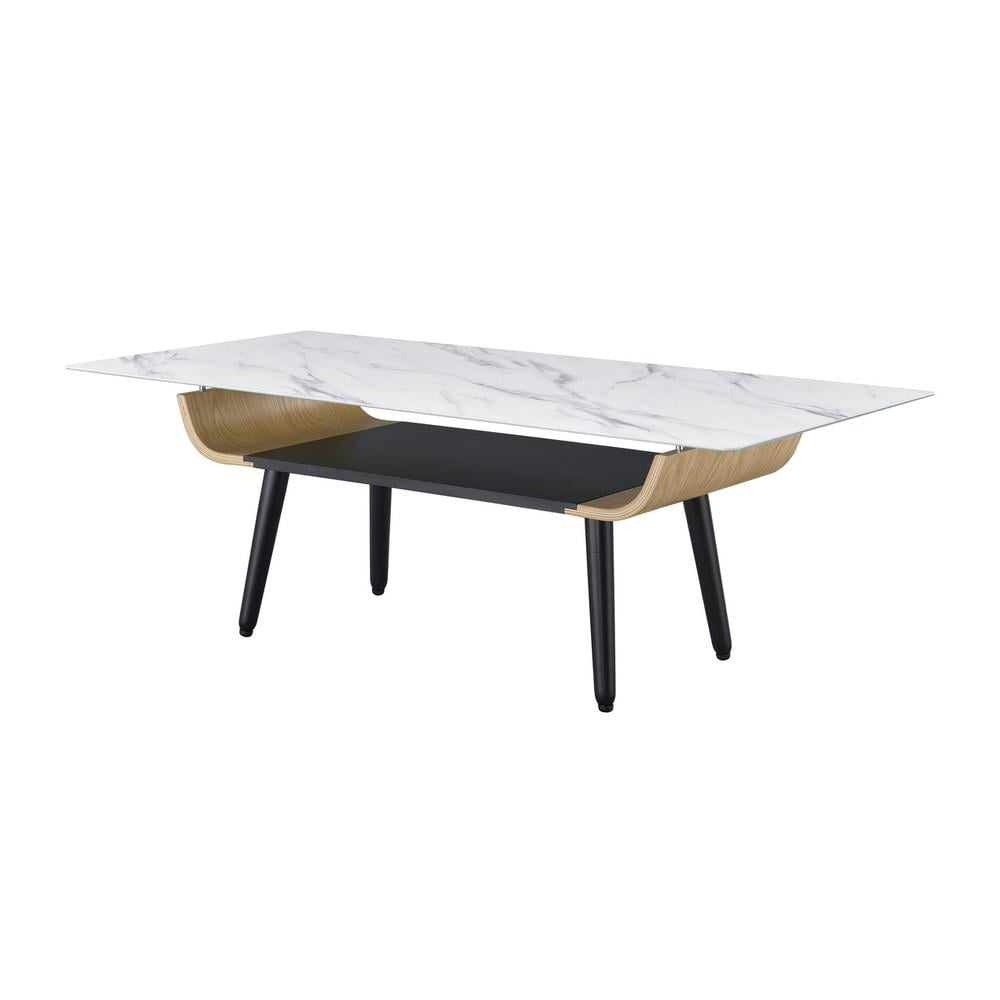 Landon Coffee Table with Glass White Marble Texture Top and Bent Wood ...