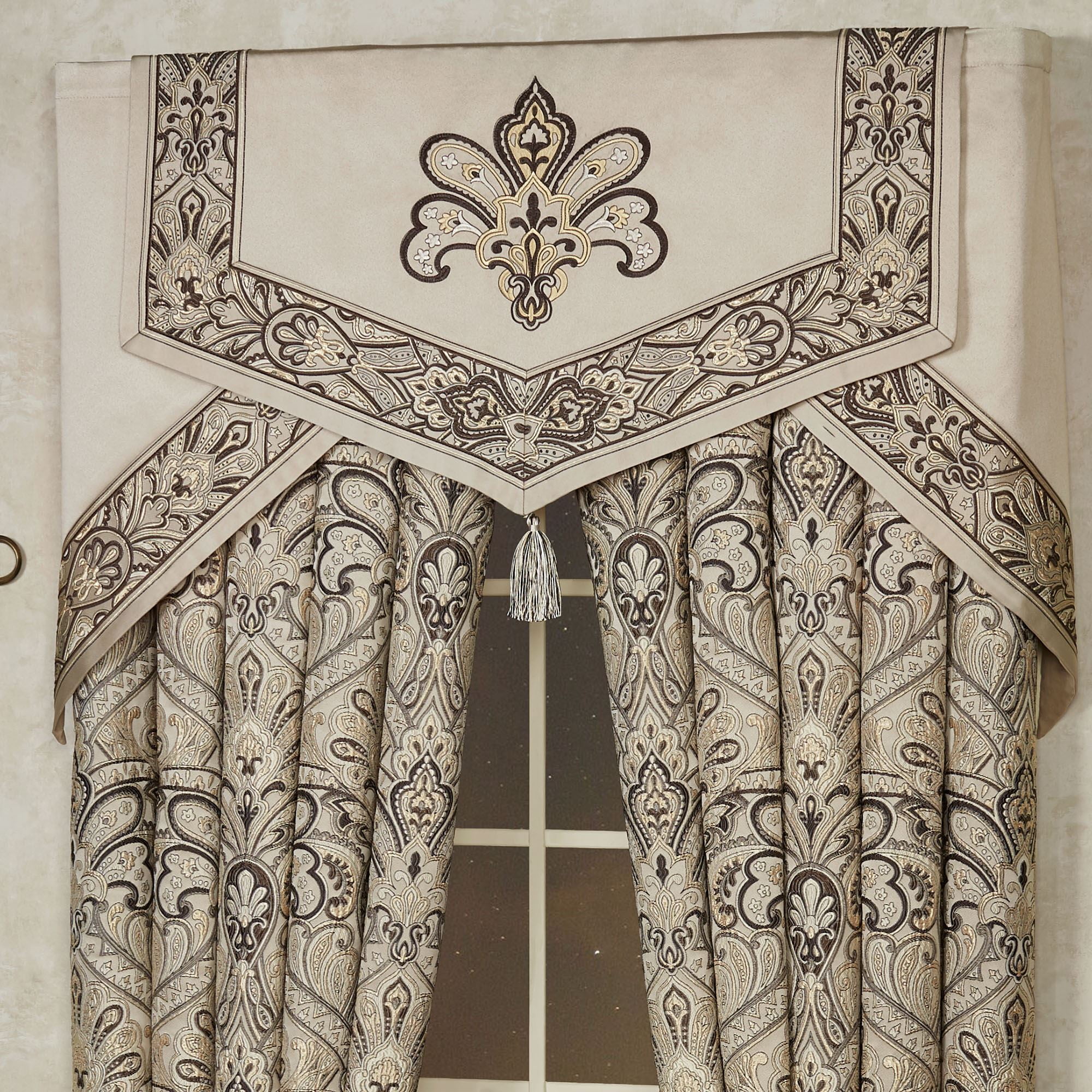 Landon Cornice Tasseled Embroidered Medallion Gold Beige Valance Set ...