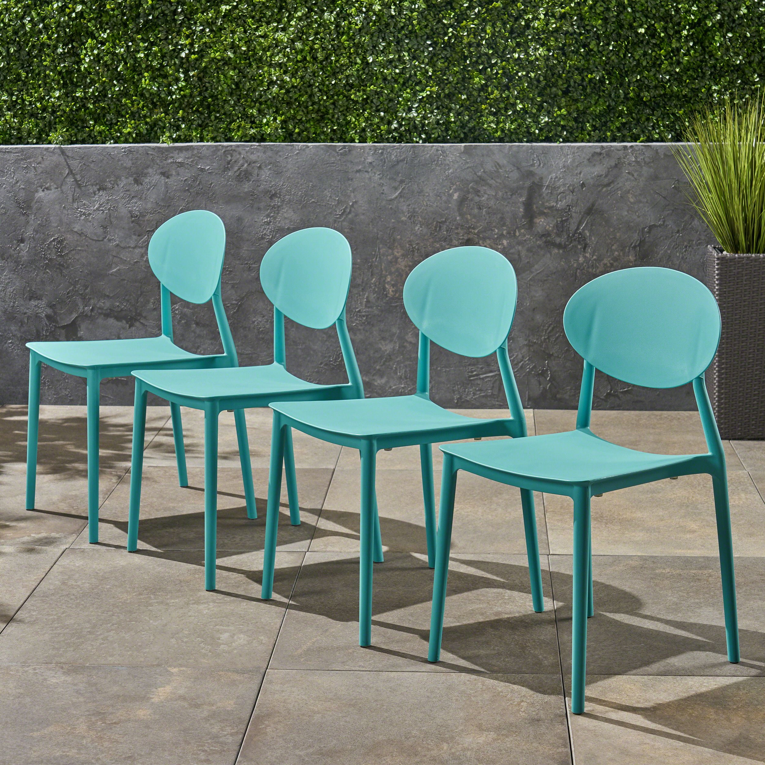 Noble House Westlake Outdoor Plastic Chairs in Teal Blue (Set of 4 ...