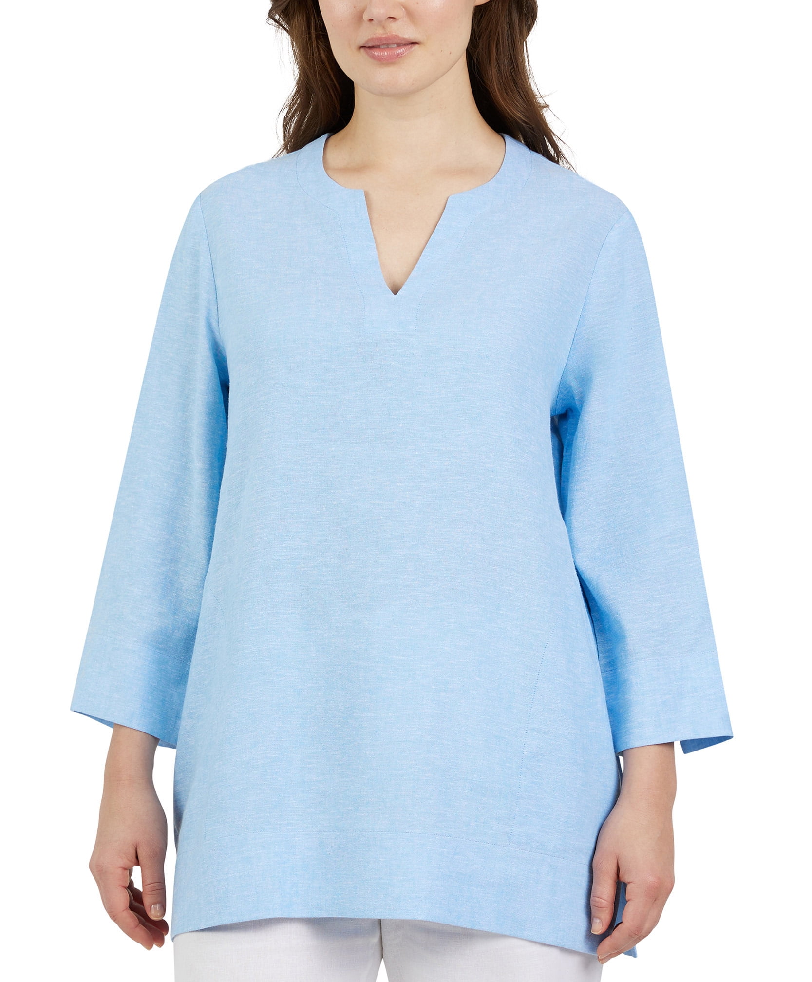 Lands' End Women's 3/4 Sleeve Linen Blend Tunic Top (Blue, XXL ...