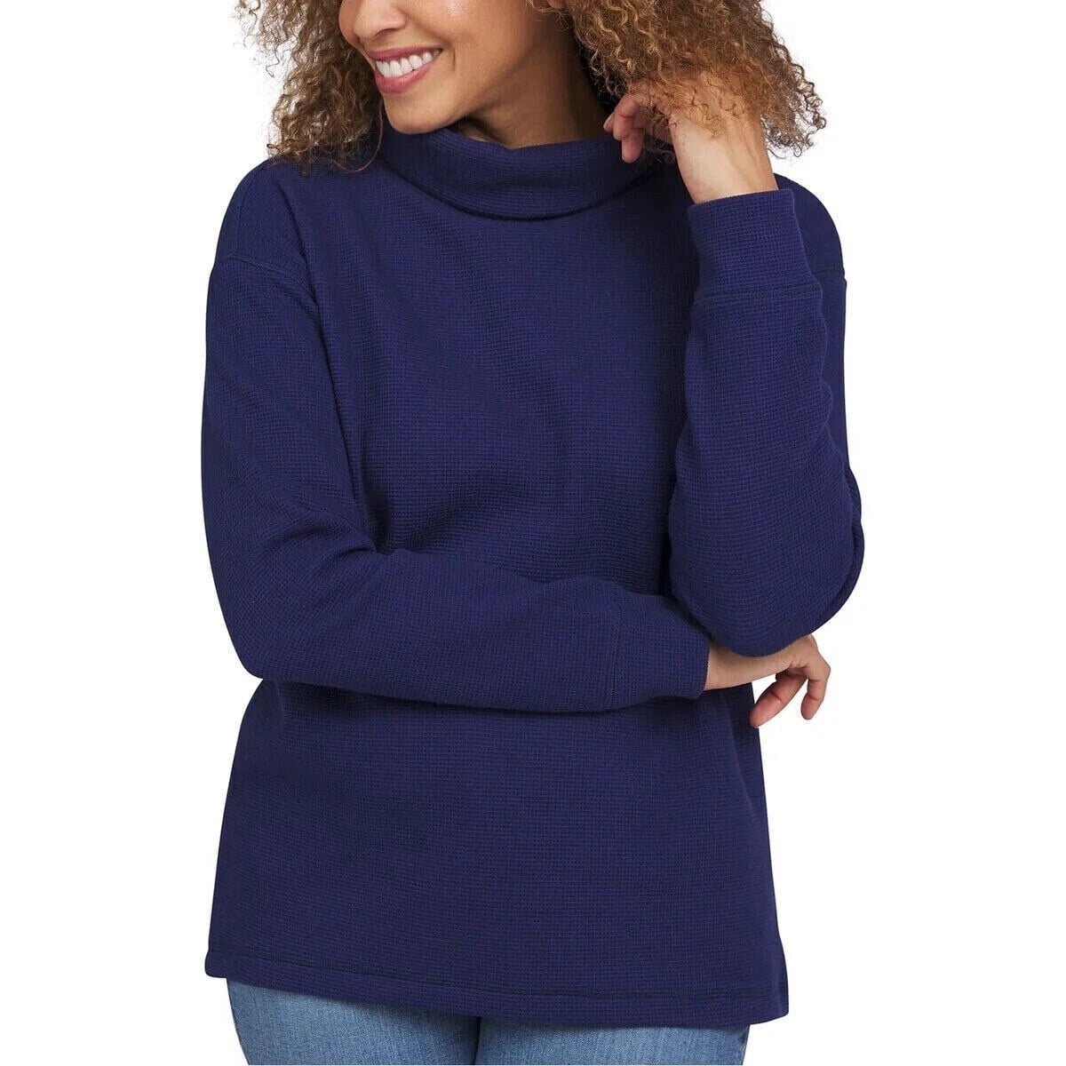 Lands' End Women's Long Sleeve Waffle Funnel Neck Top XS Dark Blue ...