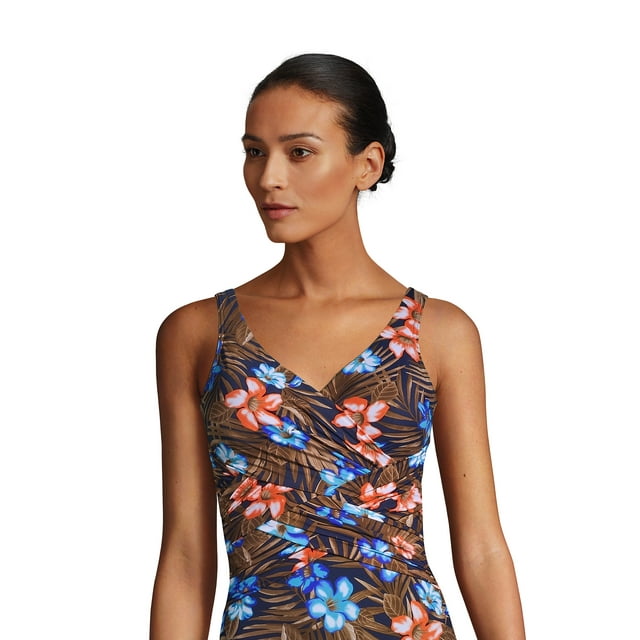 Lands End Womens Slendersuit Tummy Control Chlorine Resistant V Neck
