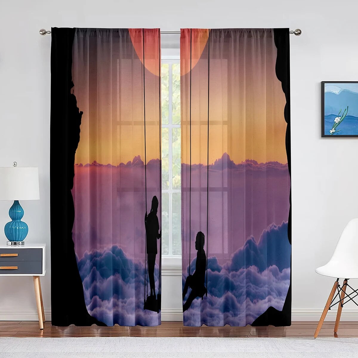 Landscape Artistic Geometrci Sheer Voile Curtain for Living Room ...