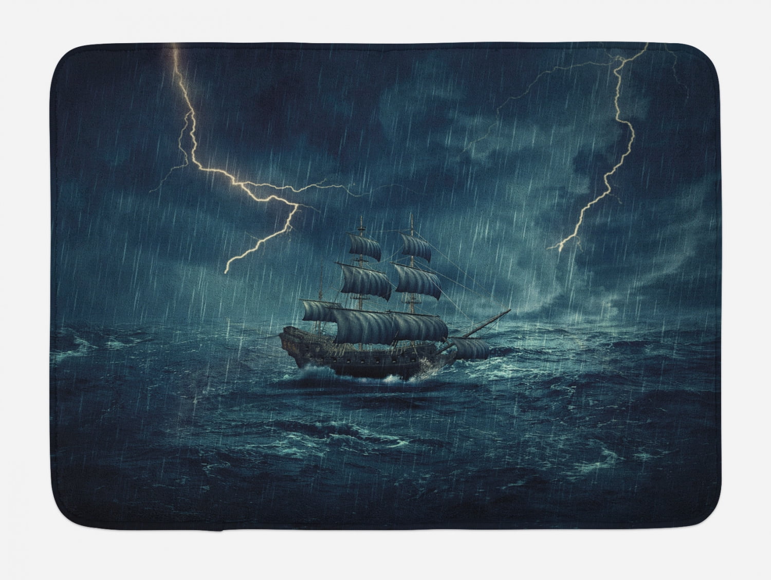 Landscape Bath Mat, Stormy Rainy Weather Waves Pirate Vintage Ship ...