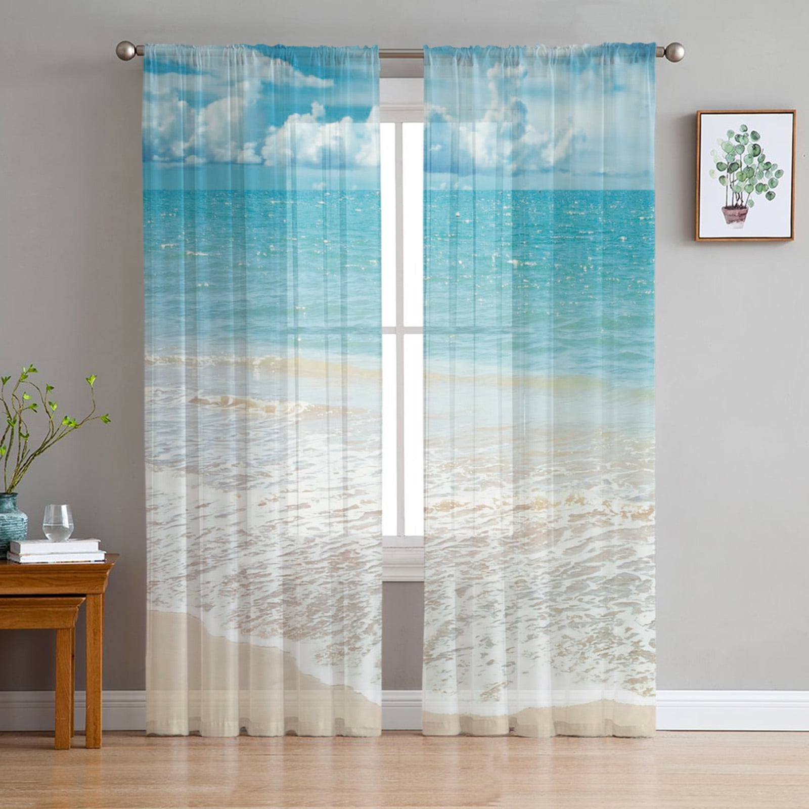 Landscape Beach Sea Water Tulle Sheer Curtains for Living Room ration ...