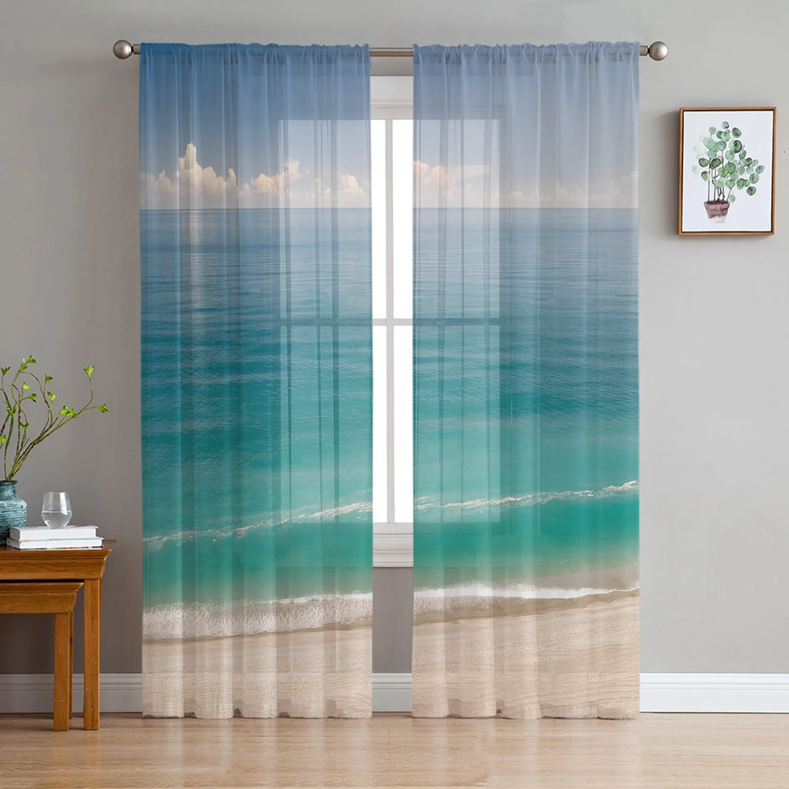 Landscape Beach Sea Water Tulle Sheer Curtains for Living Room ration ...