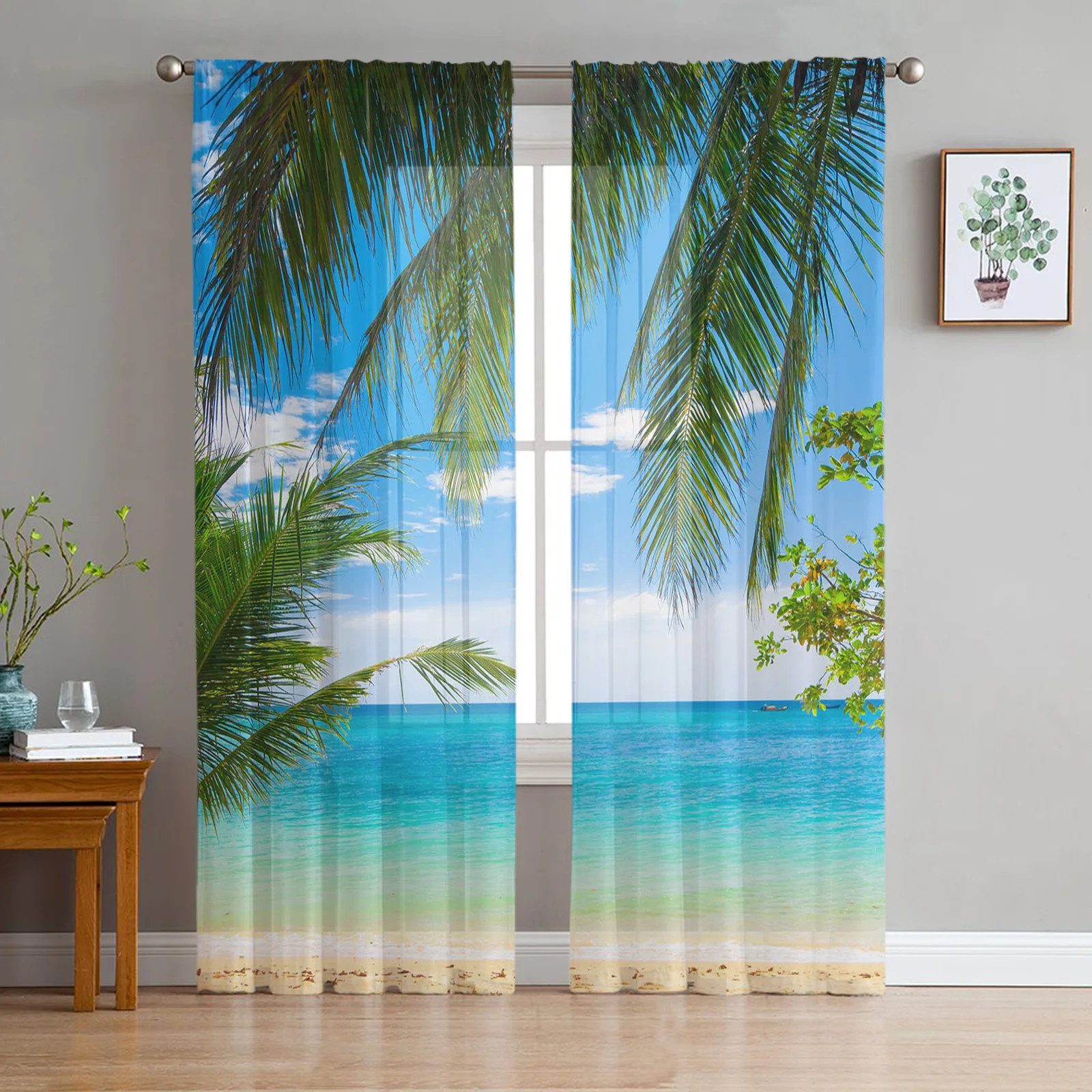 Landscape Beach Sea Water Tulle Sheer Curtains for Living Room ration ...