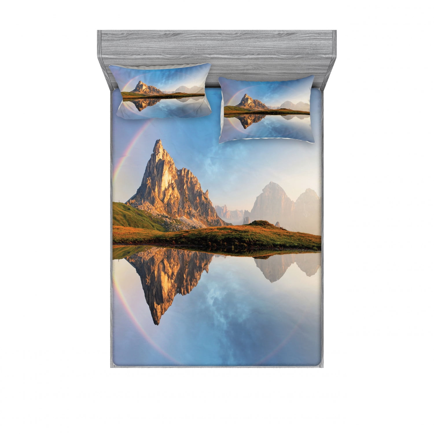 Landscape Bedding Set with Sheet & Covers, Rainbow over Mountain Lake ...