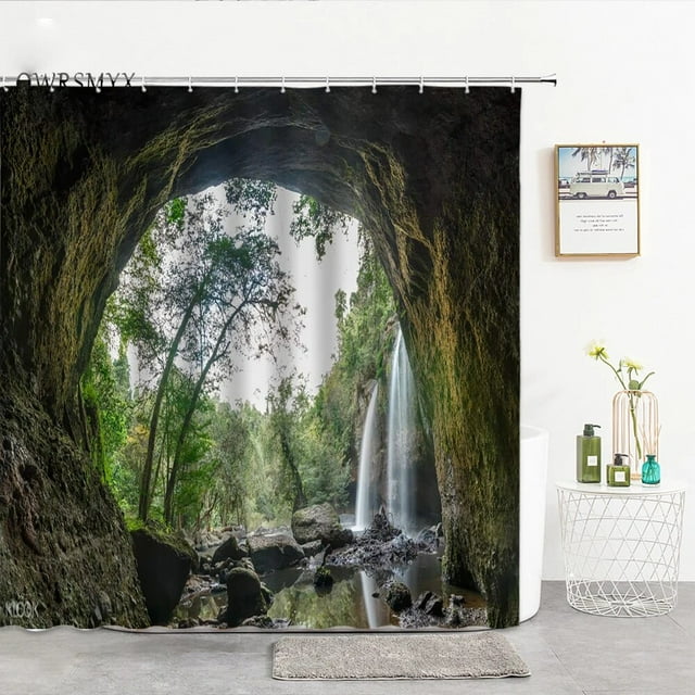 Landscape Cave Waterfall Print Shower Curtain Bathroom Curtain Bath ...