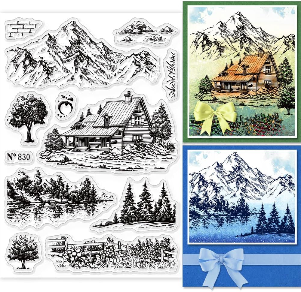 Landscape Clear Stamps Tree Bridge River Scenery Silicone Stamp House ...