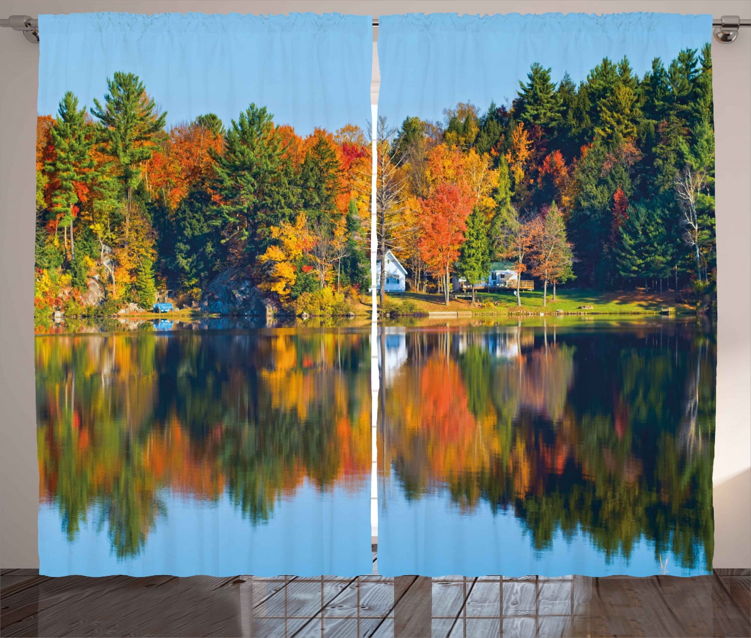 Ambesonne Landscape Curtains 2 Panel Set, Lake House in Autumn, 108" x ...