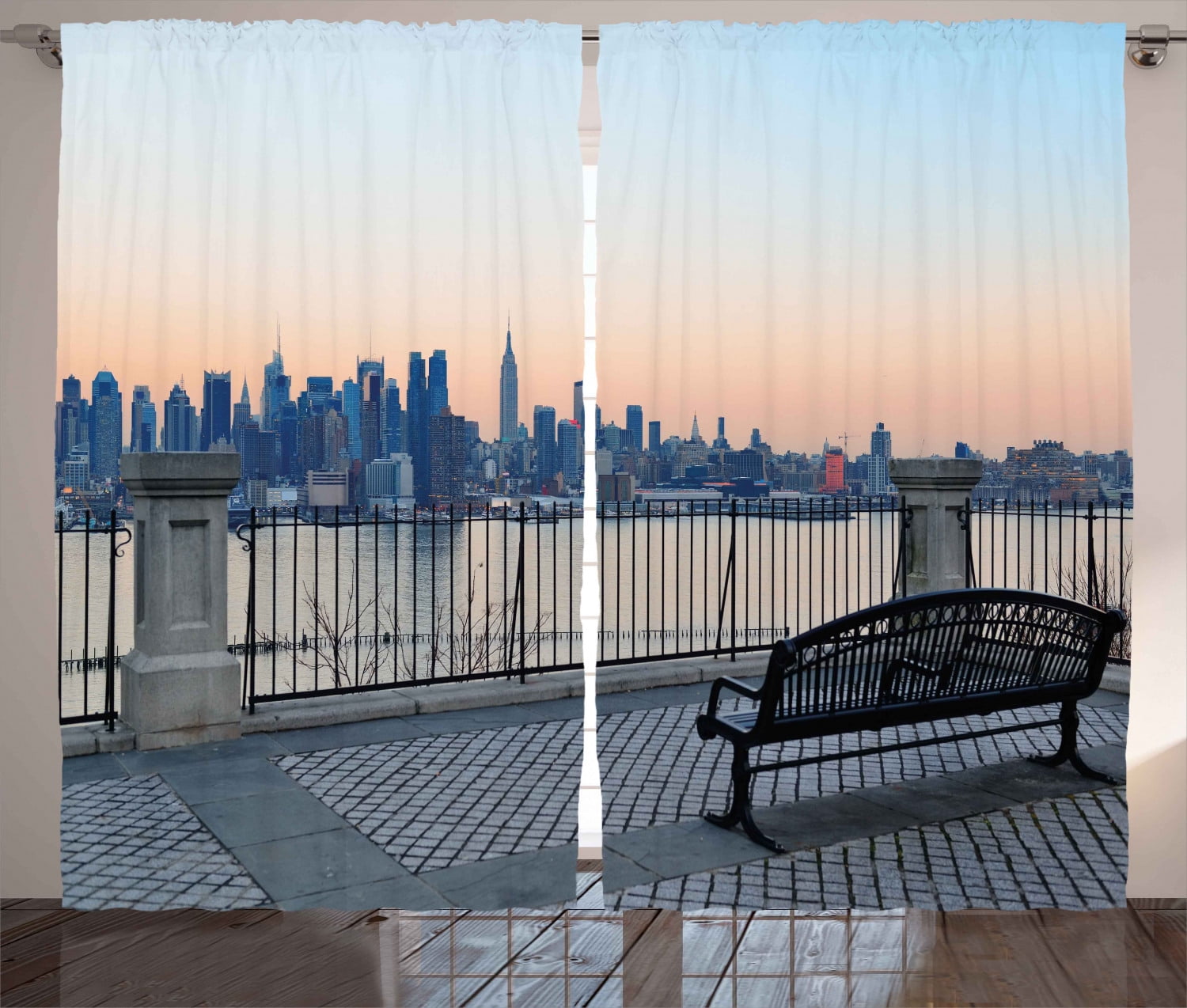 Ambesonne Scenery Curtains 2 Panel Set, Bench in New York City, 108" x ...