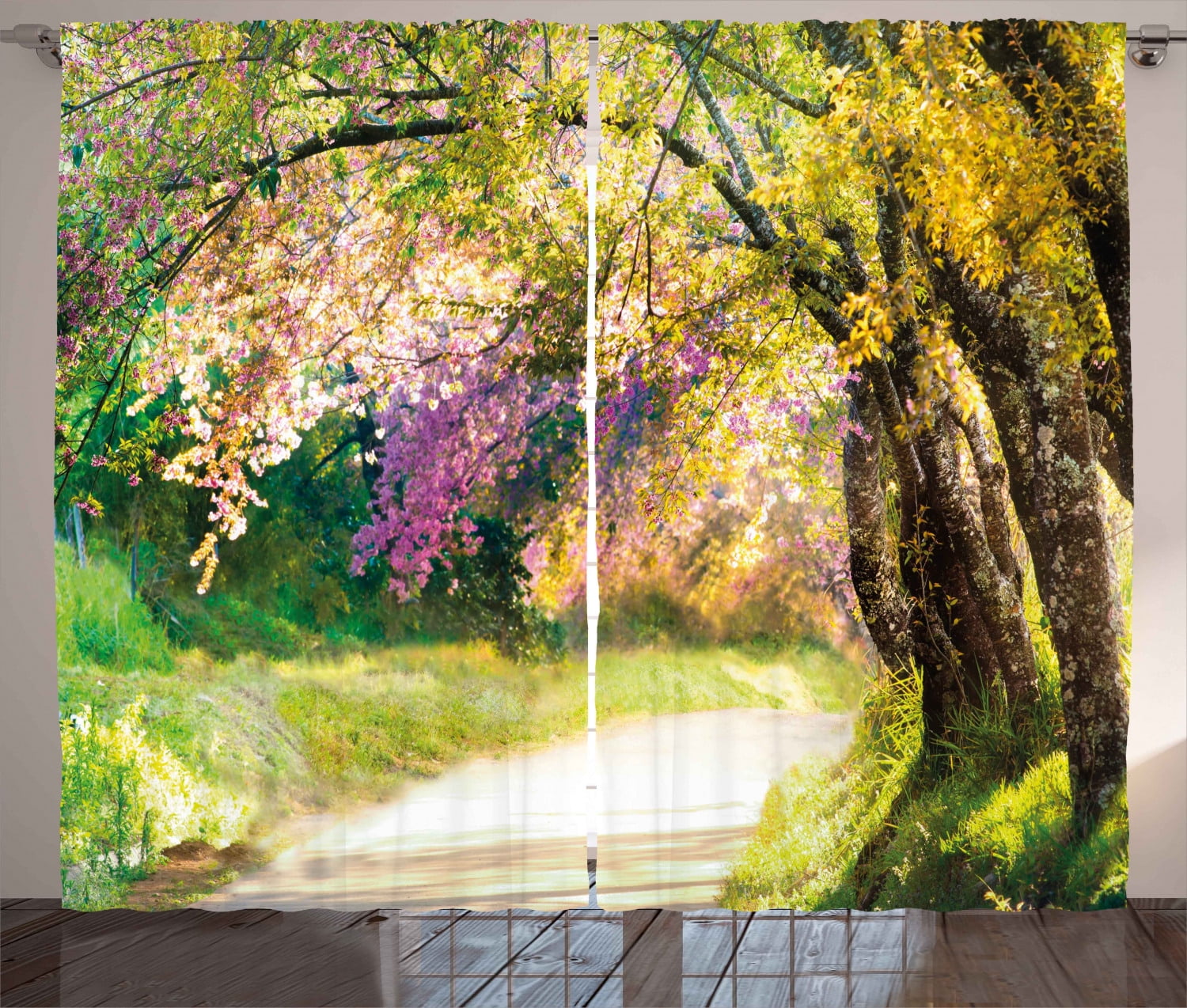 Ambesonne Landscape Curtains 2 Panel Set, Spring Park Walkway, 108" x ...