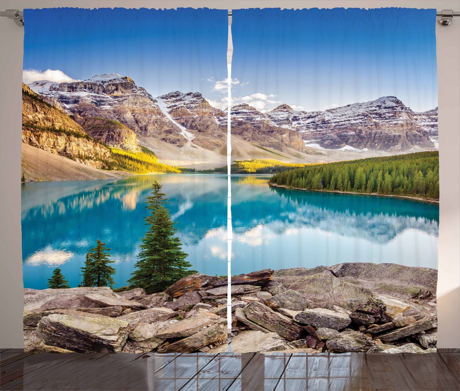 Ambesonne Landscape Curtains 2 Panel Set, Moraine Lake Sunset, 108" x ...