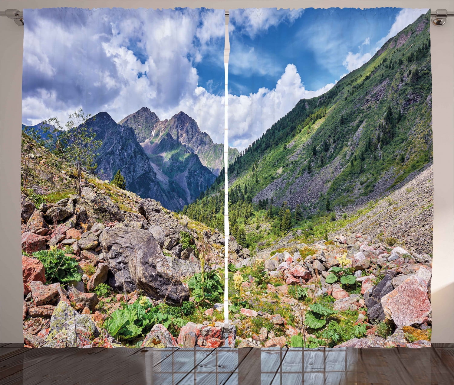 Ambesonne Landscape Curtains 2 Panel Set, Mountain Wild Rhubarb, 108" x ...