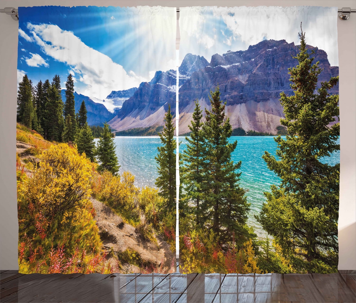 Ambesonne Landscape Curtains 2 Panel Set, Canadian Glacial Lake, 108" x ...