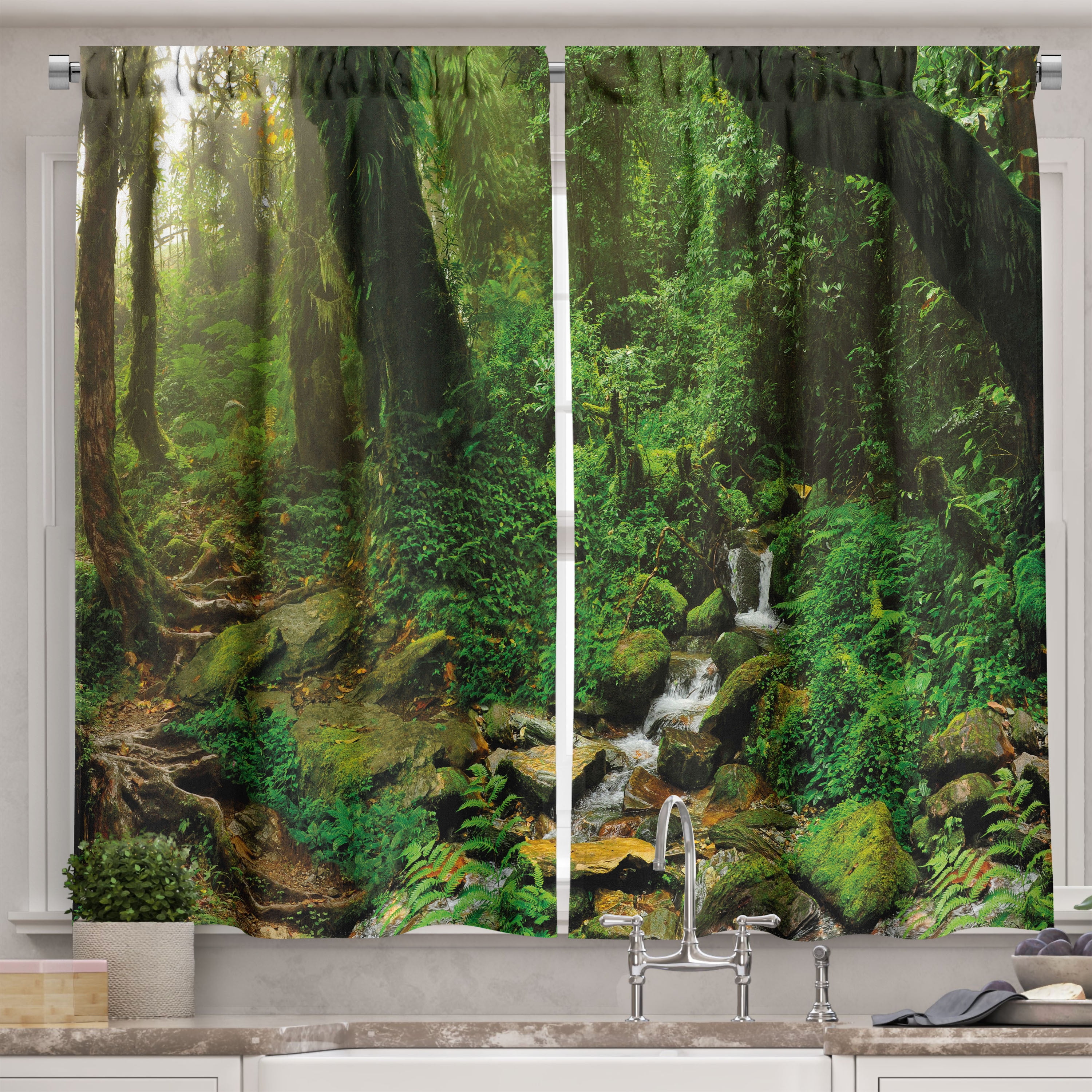 Landscape Curtains 2 Panels Set, Rainforest Trees and Fresh Grass in ...