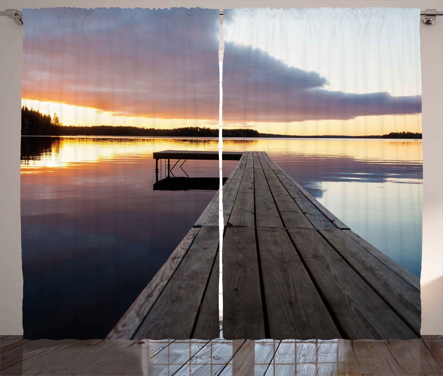 Ambesonne Wooden Curtains 2 Panel Set, Rustic Pier Sunset Lake, 108" x ...