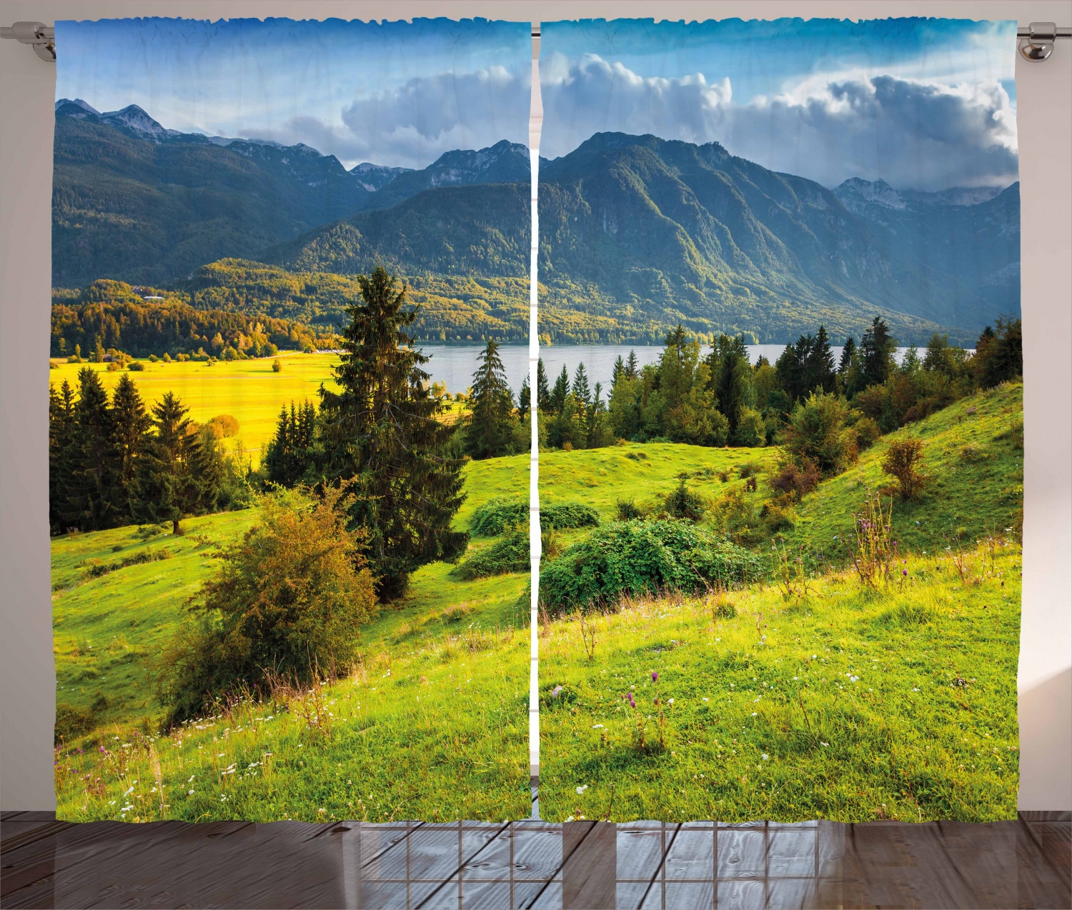 Ambesonne Landscape Curtains 2 Panel Set, Summer Morning Lake, 108" x ...