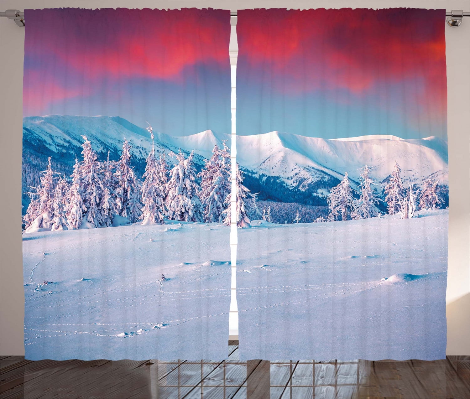 Ambesonne Landscape Curtains 2 Panel Set, Sunset Snowy Winter, 108" x ...