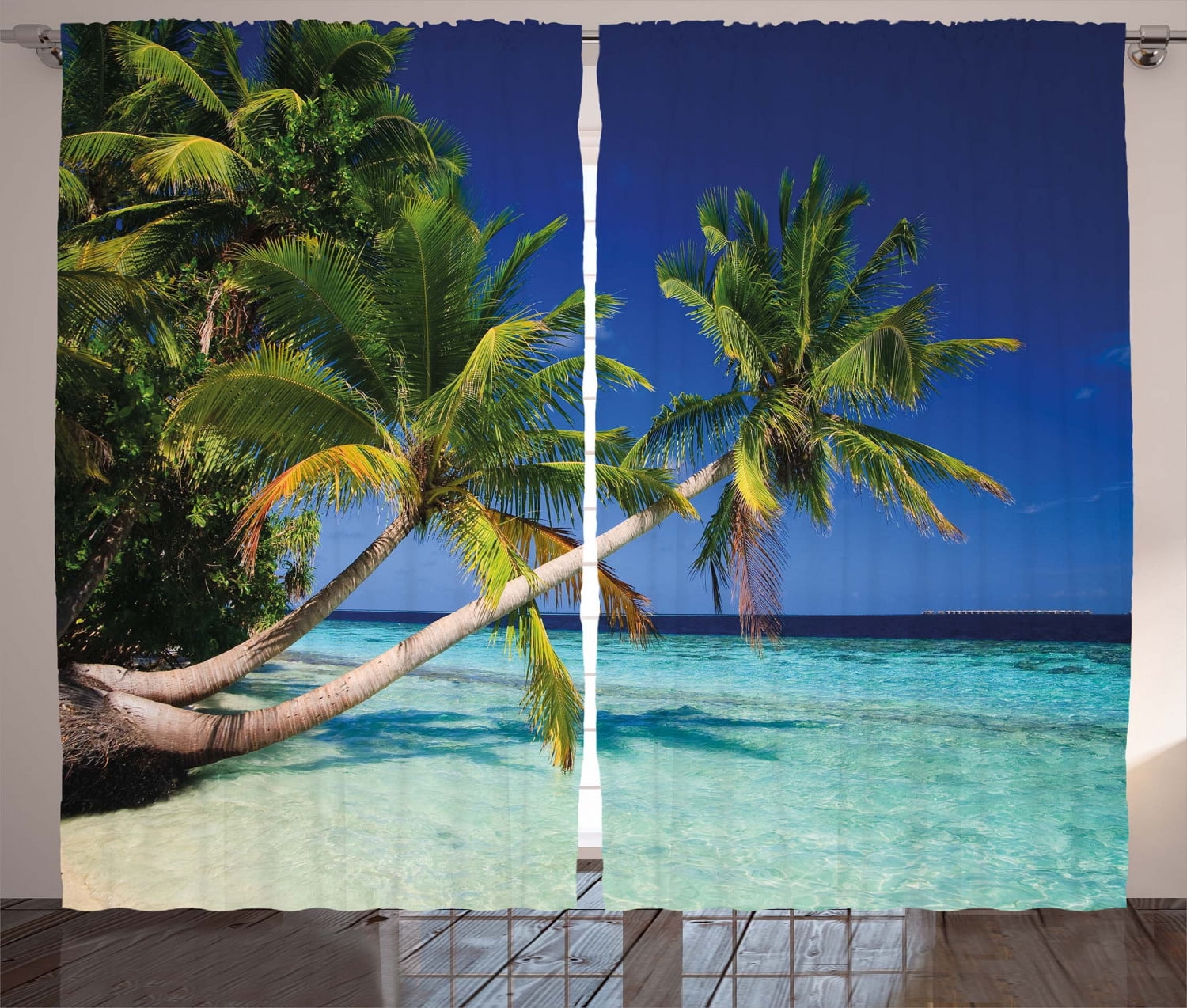Ambesonne Landscape Curtains 2 Panel Set, Tropic Island Palms, 108" x ...