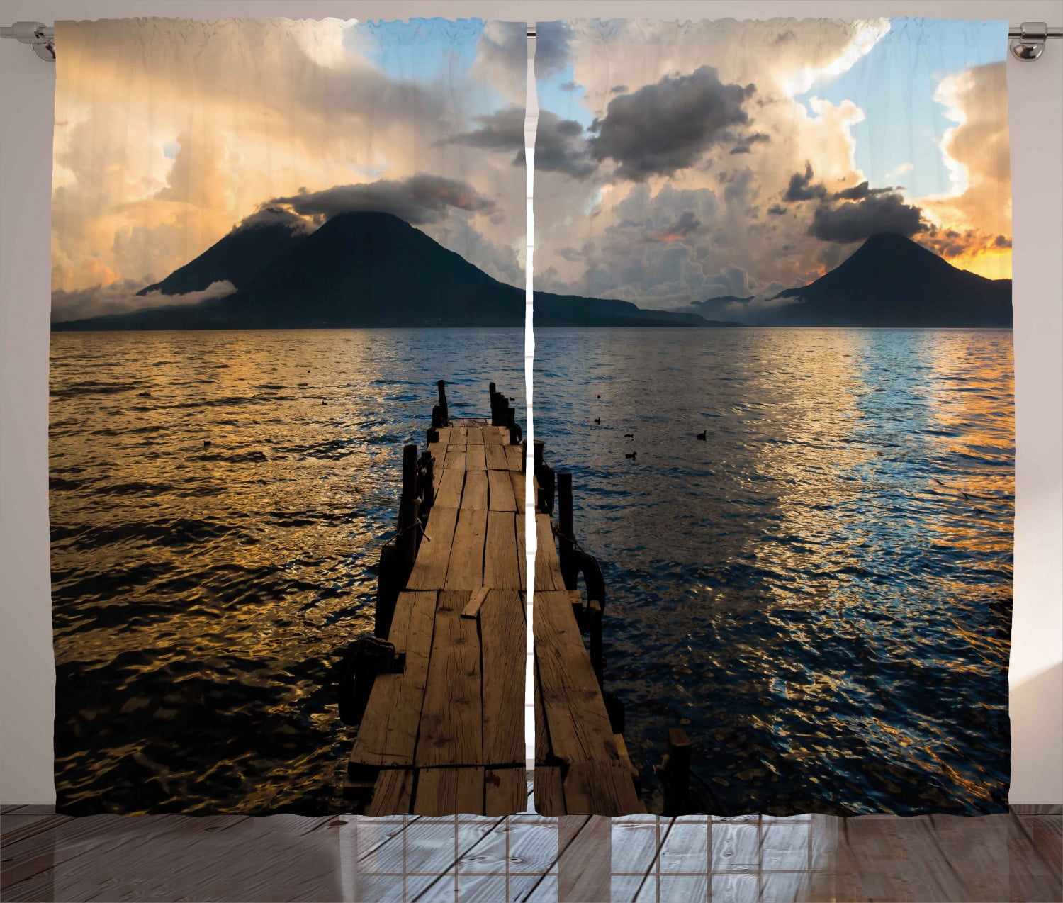 Ambesonne Landscape Curtains 2 Panel Set, Wooden Pier on Lake, 108" x ...