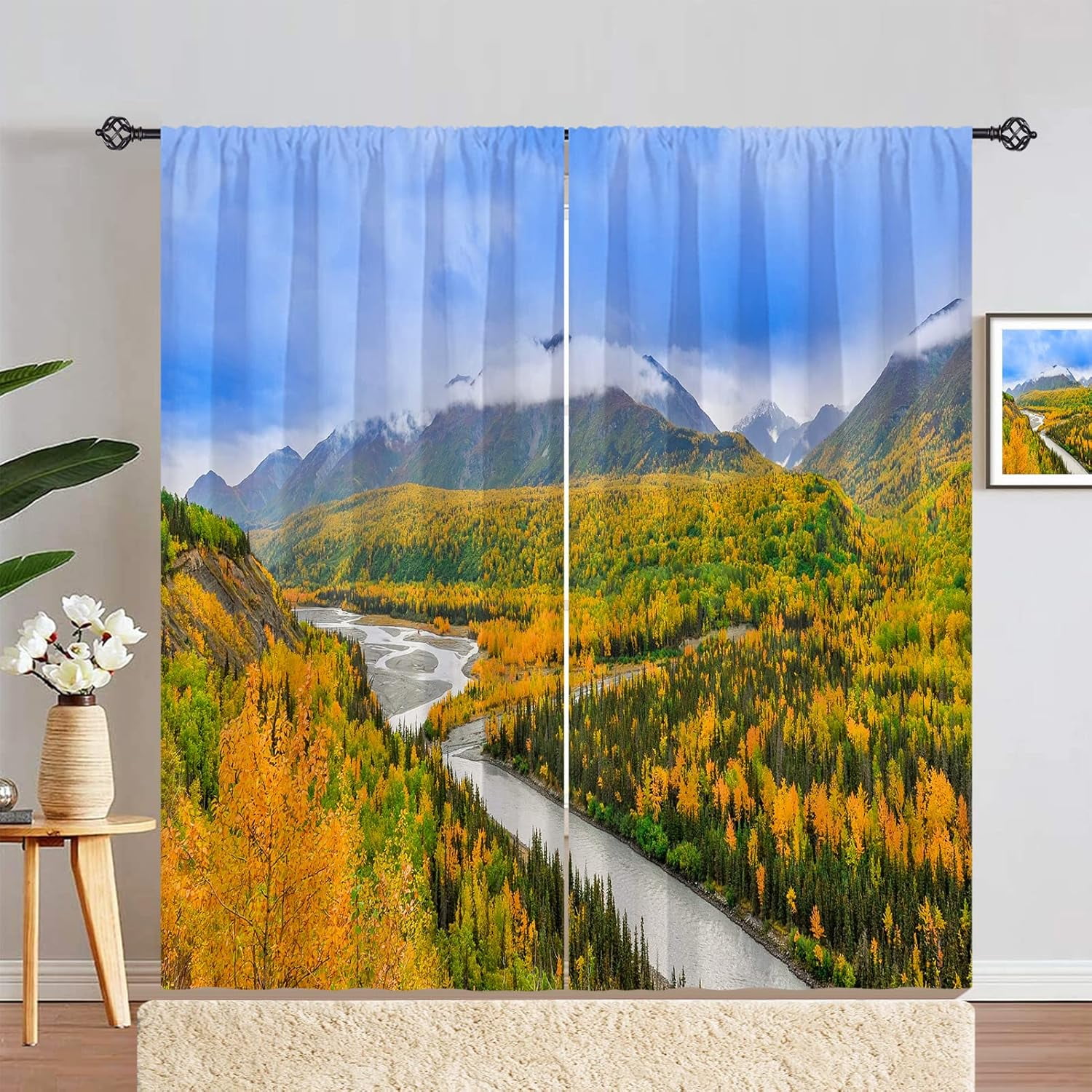 Landscape Curtains Rod Pocket Blackout Room Darkening Curtains with Forest River Mist Mountain ...
