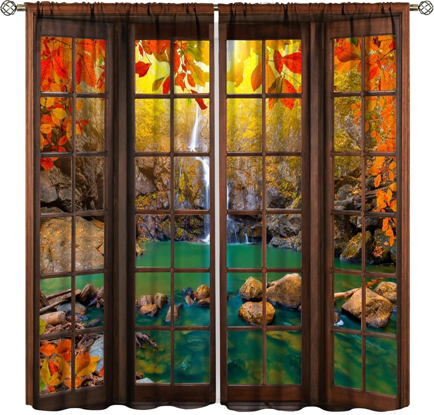 Landscape Decorative Curtains,Autumn Forest Waterfall Rustic Window ...