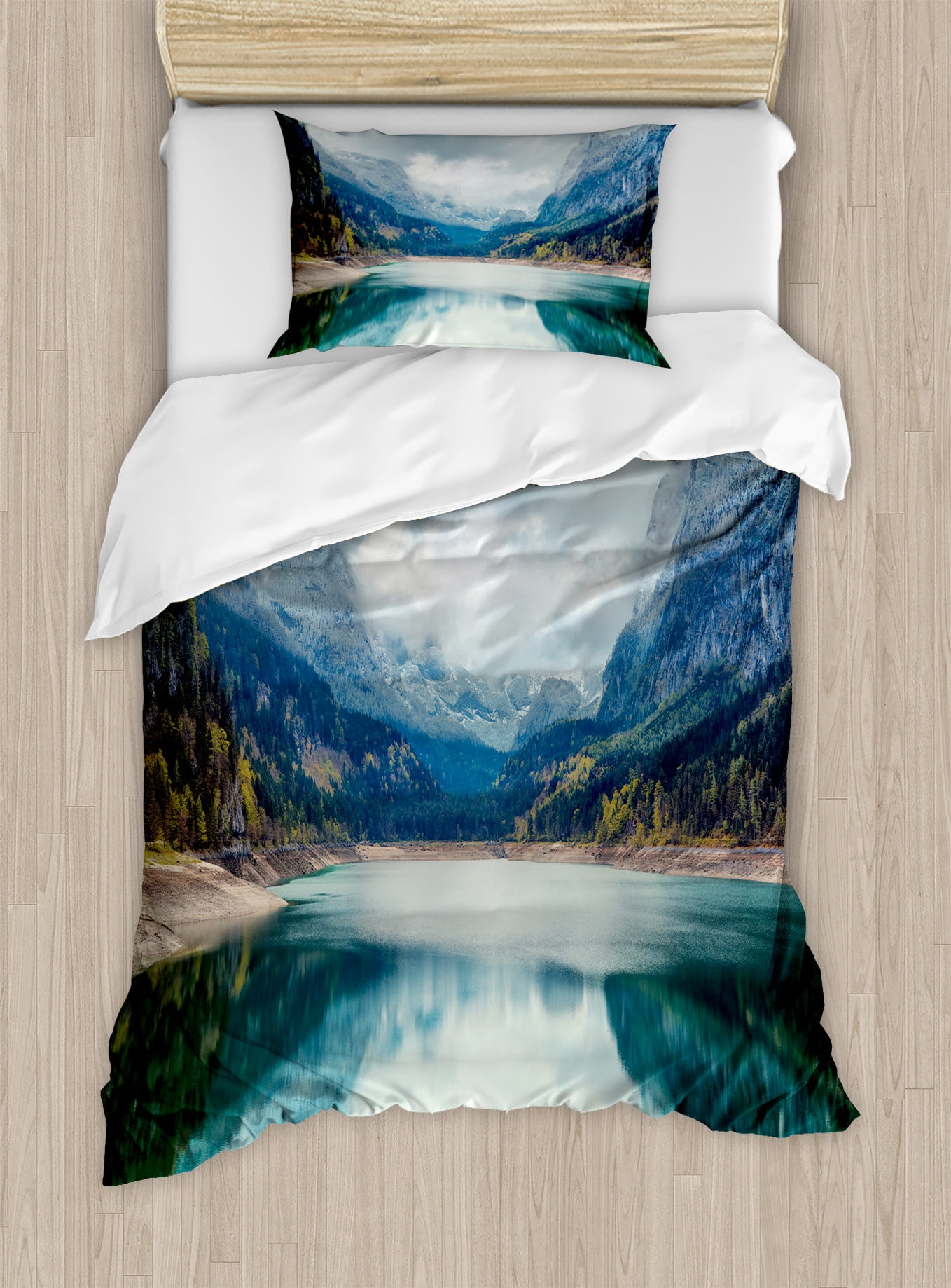 Landscape Duvet Cover Set, Alpine Lake with Dramatic Sky Forest and ...