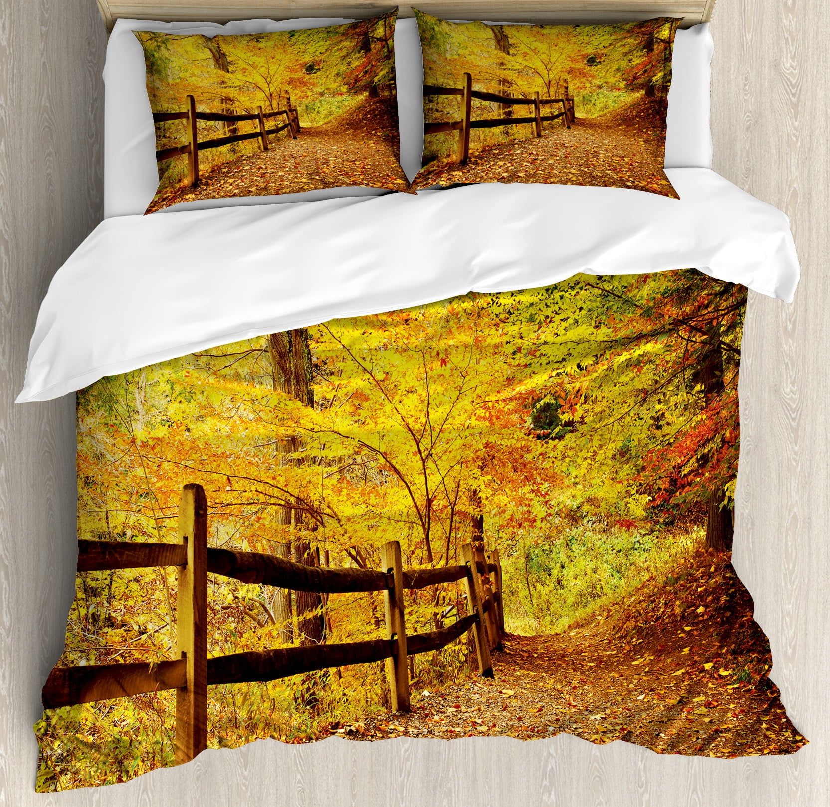 Landscape Duvet Cover Set, Autumn Season Fall Trees Leaves on Pathway ...