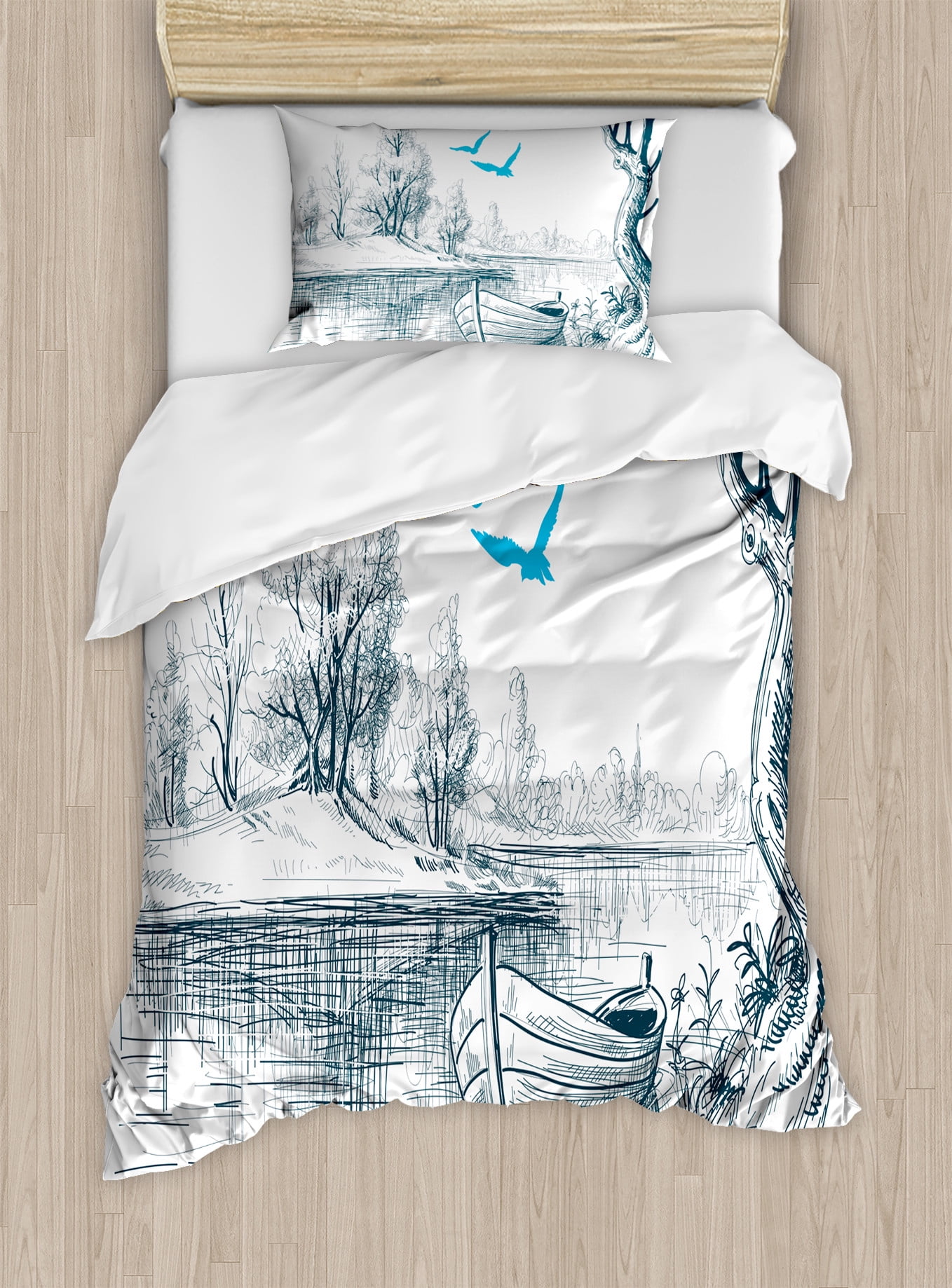 Landscape Duvet Cover Set, Boat on Calm River Trees Birds Twigs Sketch ...