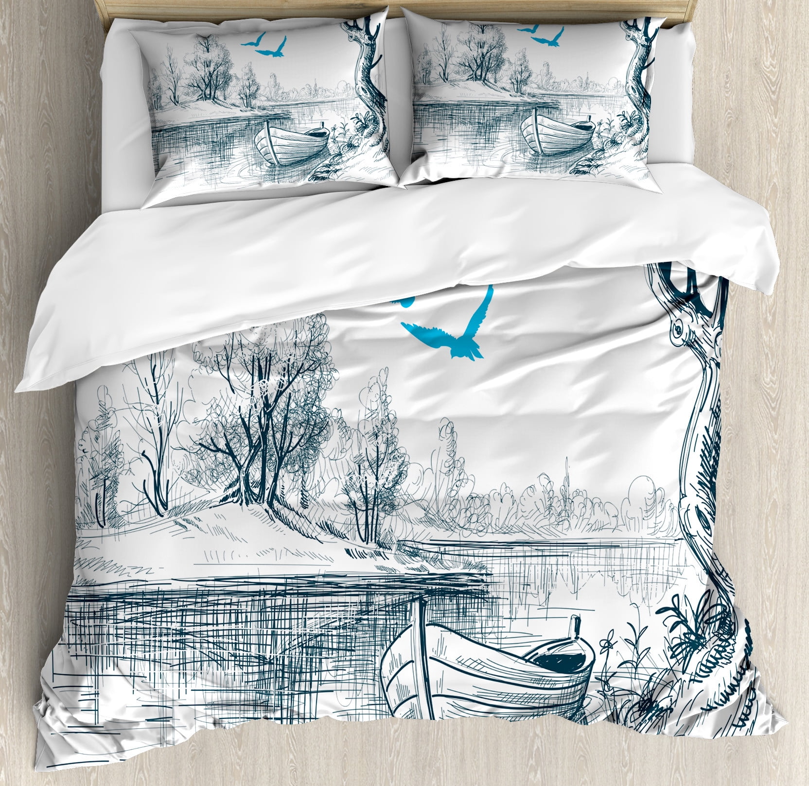 Landscape Duvet Cover Set, Boat on Calm River Trees Birds Twigs Sketch ...