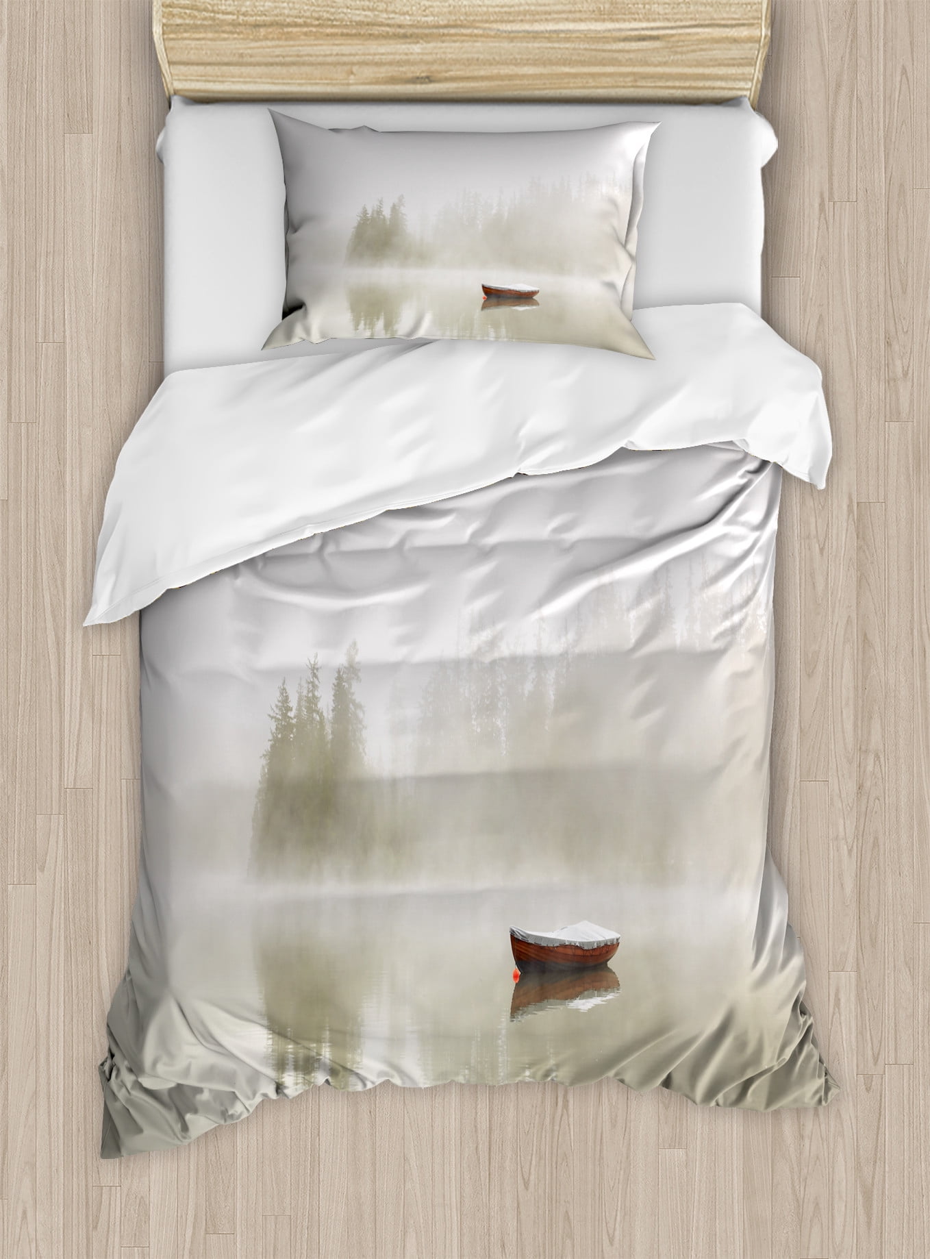 Landscape Duvet Cover Set, Boat on the Lake Silhouettes Trees on Water ...
