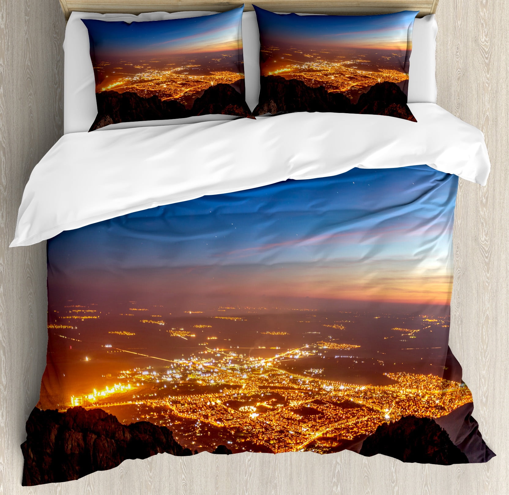 Landscape Duvet Cover Set, City at Night Time Twilight Skyline ...