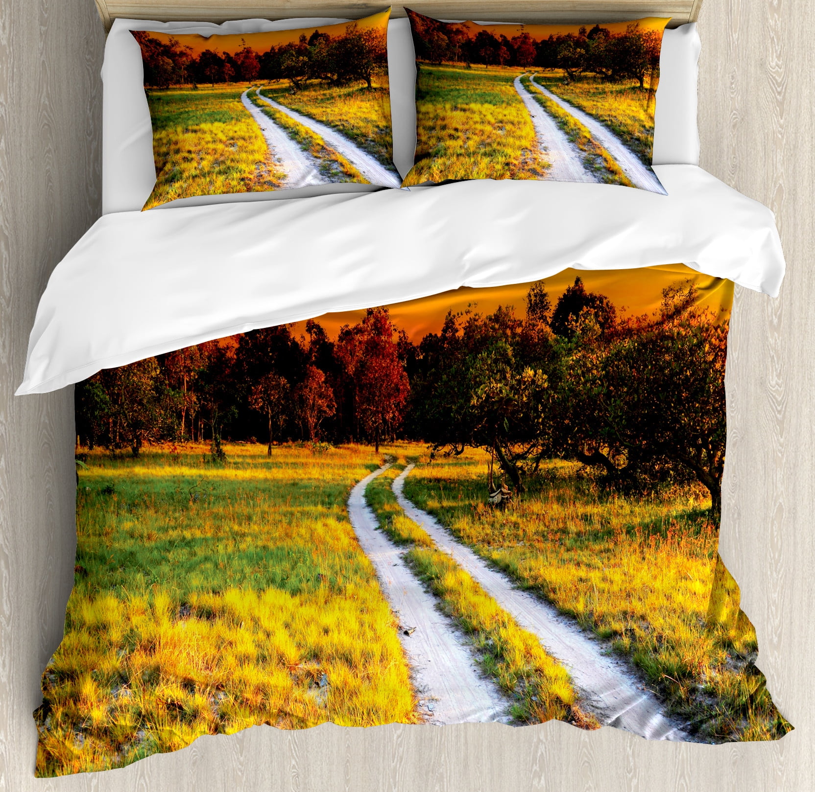 Landscape Duvet Cover Set, Driving Path to Olive Gardens Orange Sunset ...