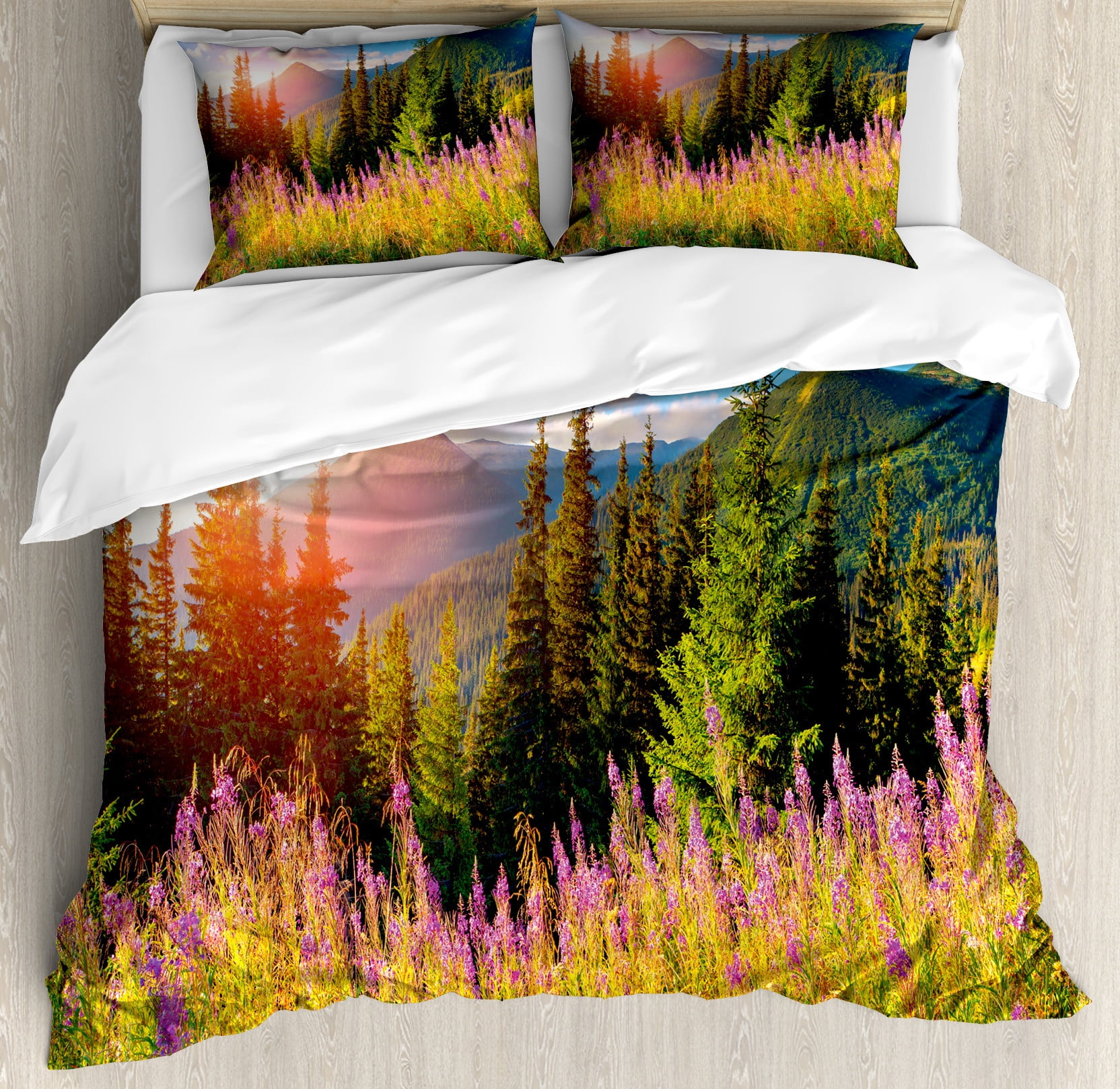 Landscape Duvet Cover Set, Fall Scenery Picture in Mountains Flowers ...