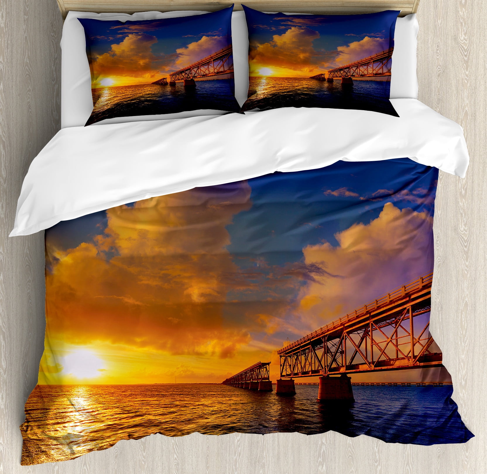 Landscape Duvet Cover Set, Florida Keys Old Bridge Sunset at Bahia ...