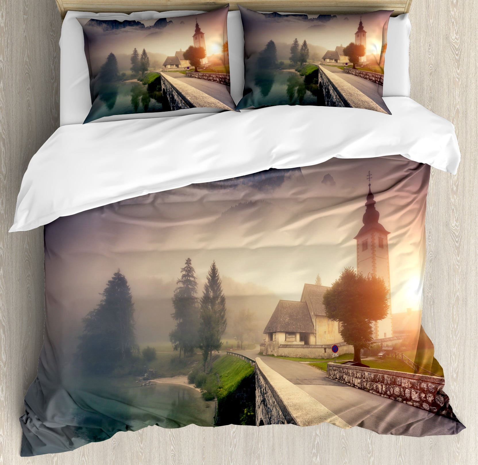 Landscape Duvet Cover Set, Majestic Foggy Morning Scene Triglav ...