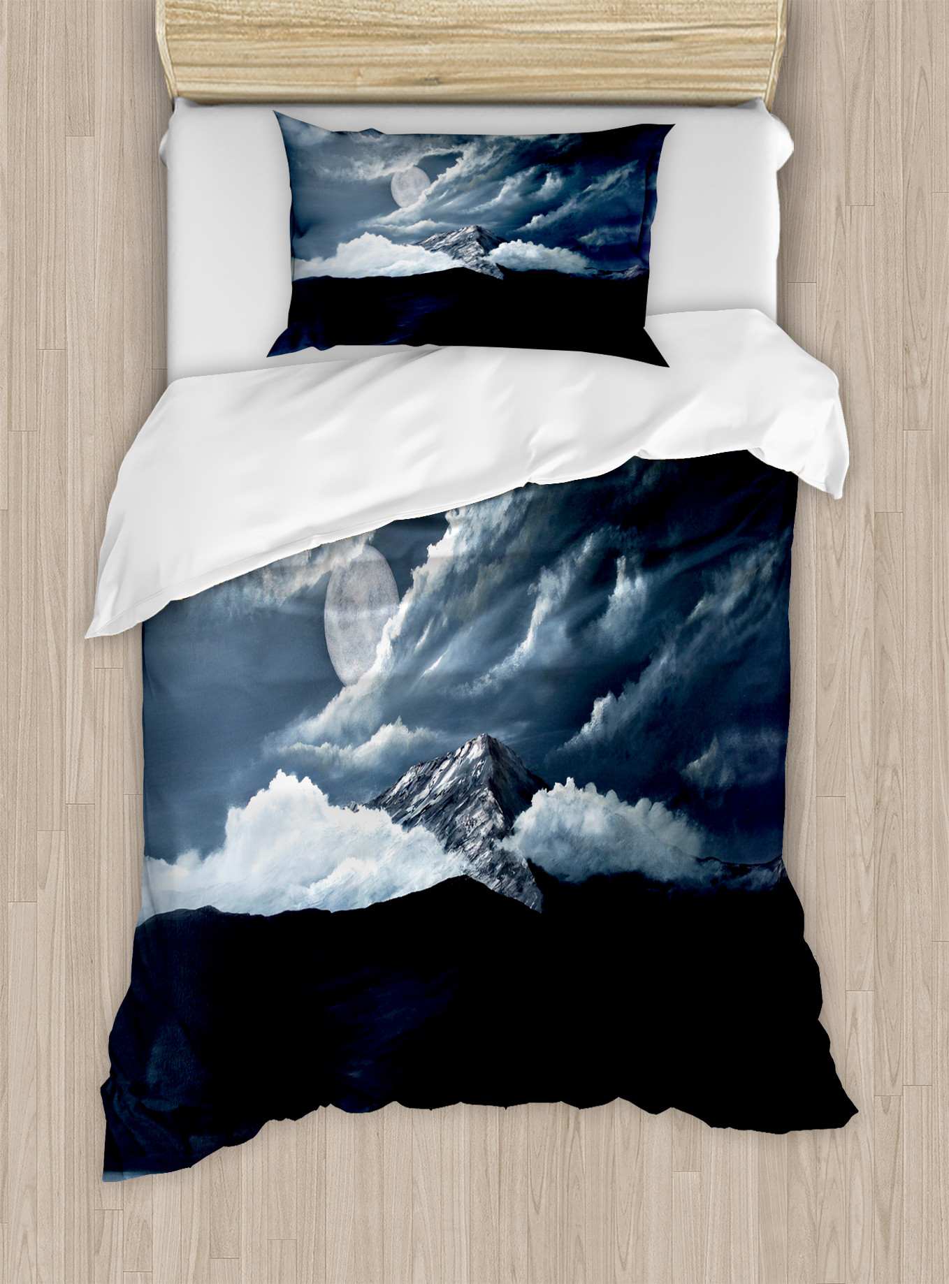 Landscape Duvet Cover Set, Moon over Lake and Hills with Dark Storm ...
