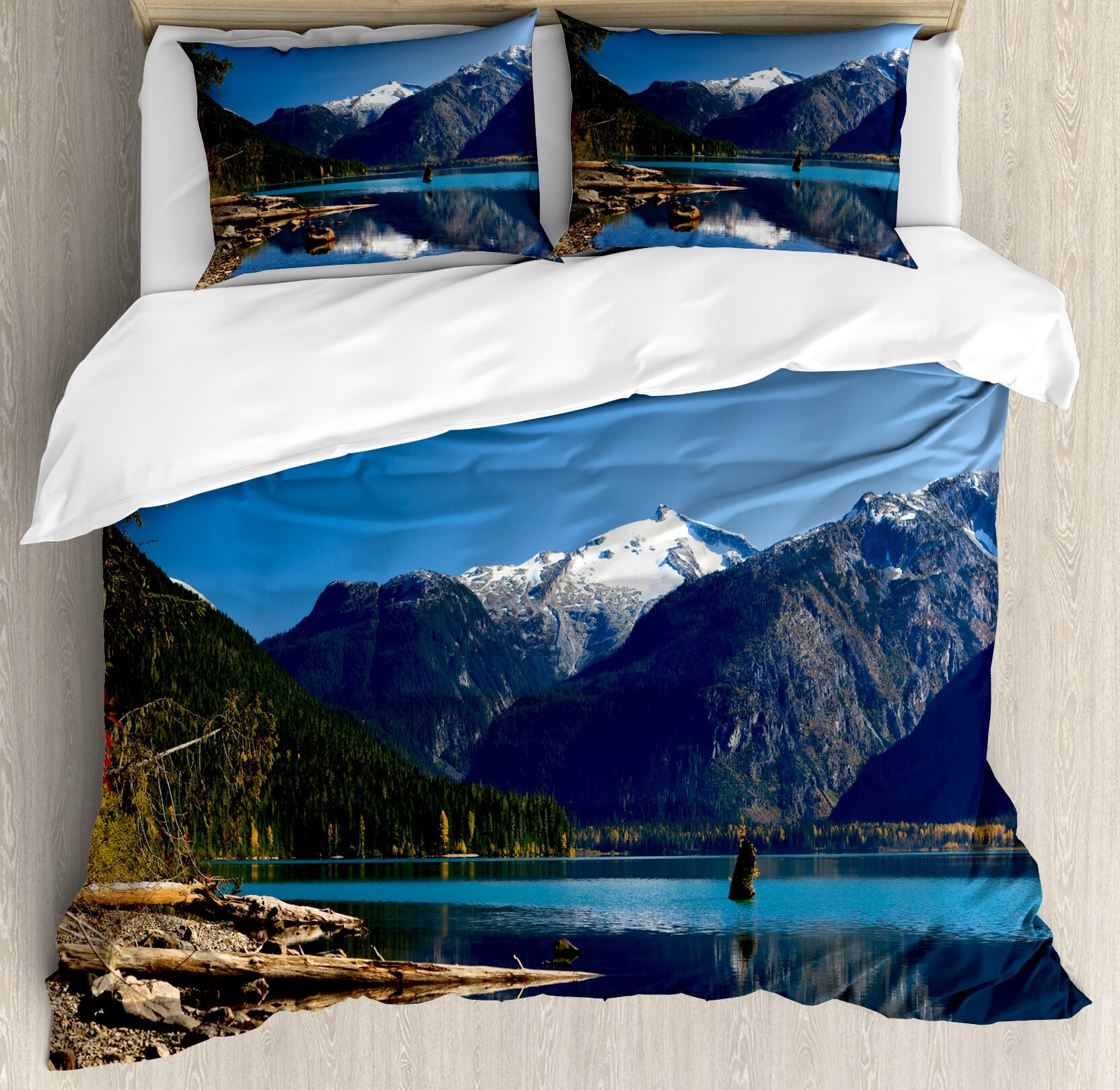 Landscape Duvet Cover Set, Mountain Countryside Winter Time Lake ...