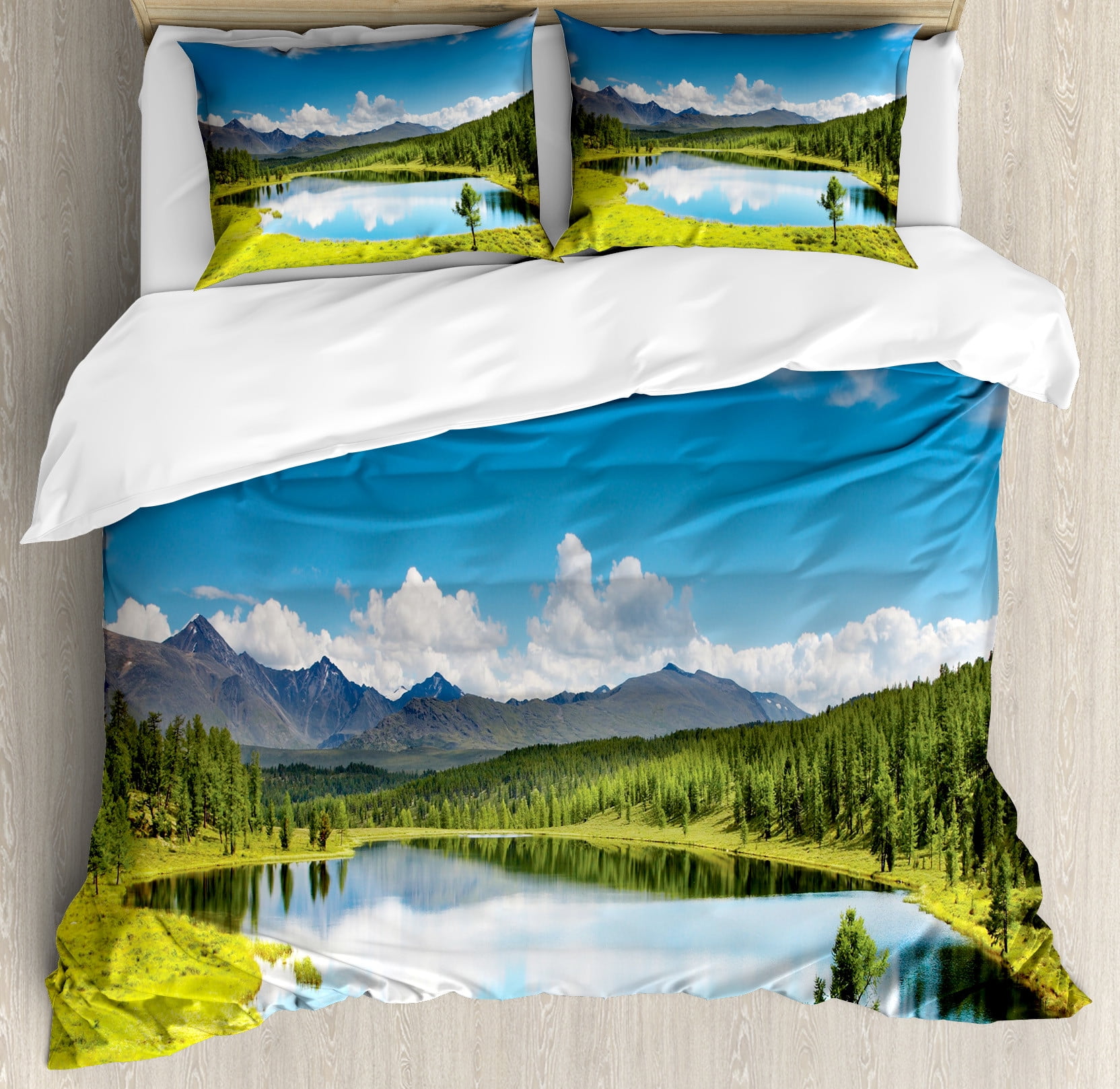 Landscape Duvet Cover Set, Mountain Woodland Forest and Lake in Sunny ...