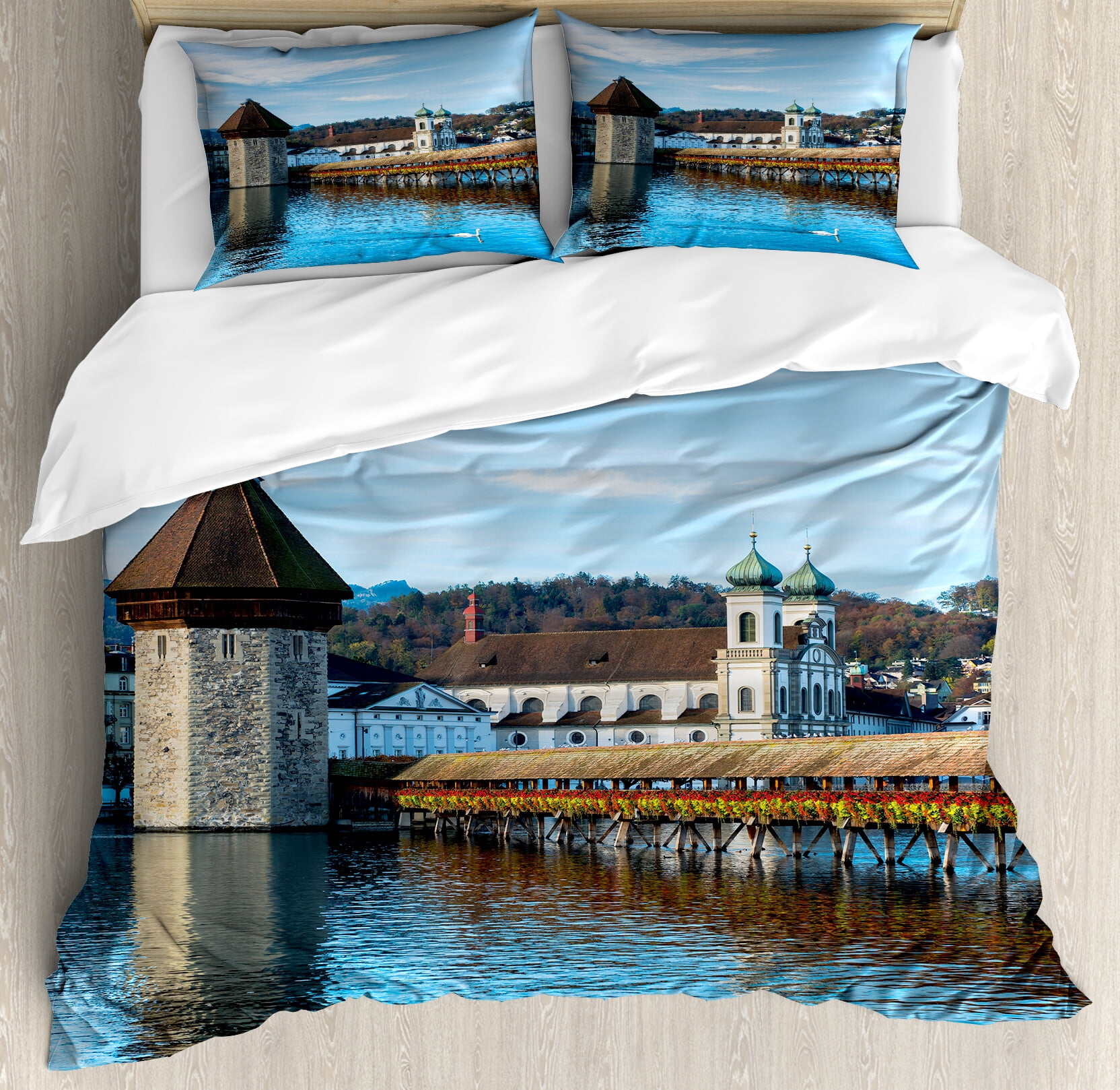 Landscape Duvet Cover Set, Panoramic View of Oak Chapel Bridge Northern ...