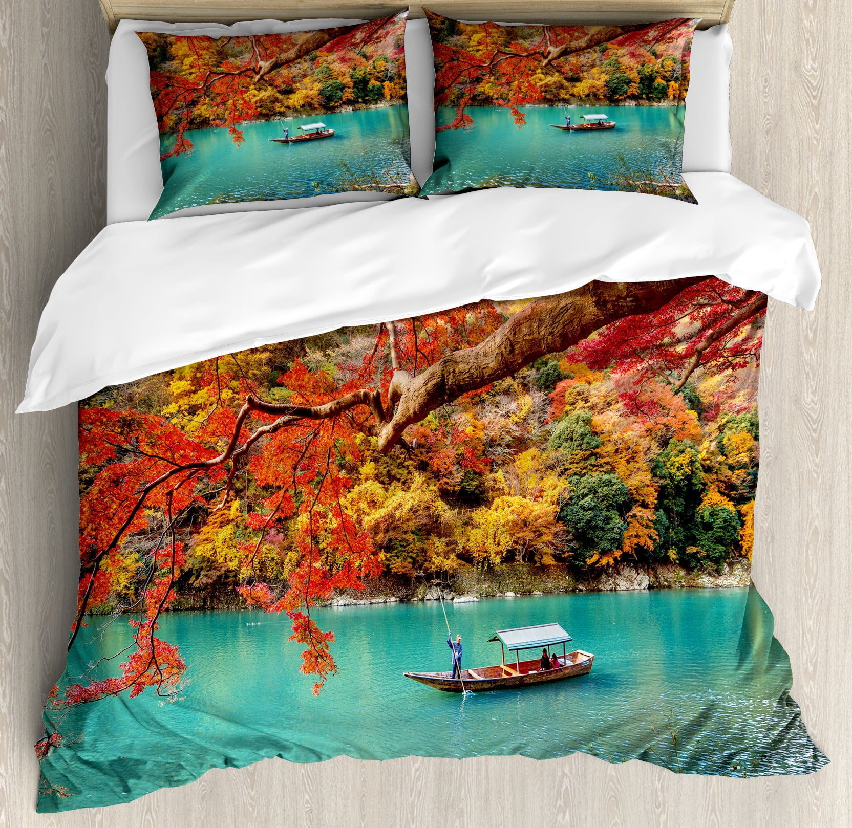 Landscape Duvet Cover Set, Photo of Trees and Forest Boatman Pulling ...