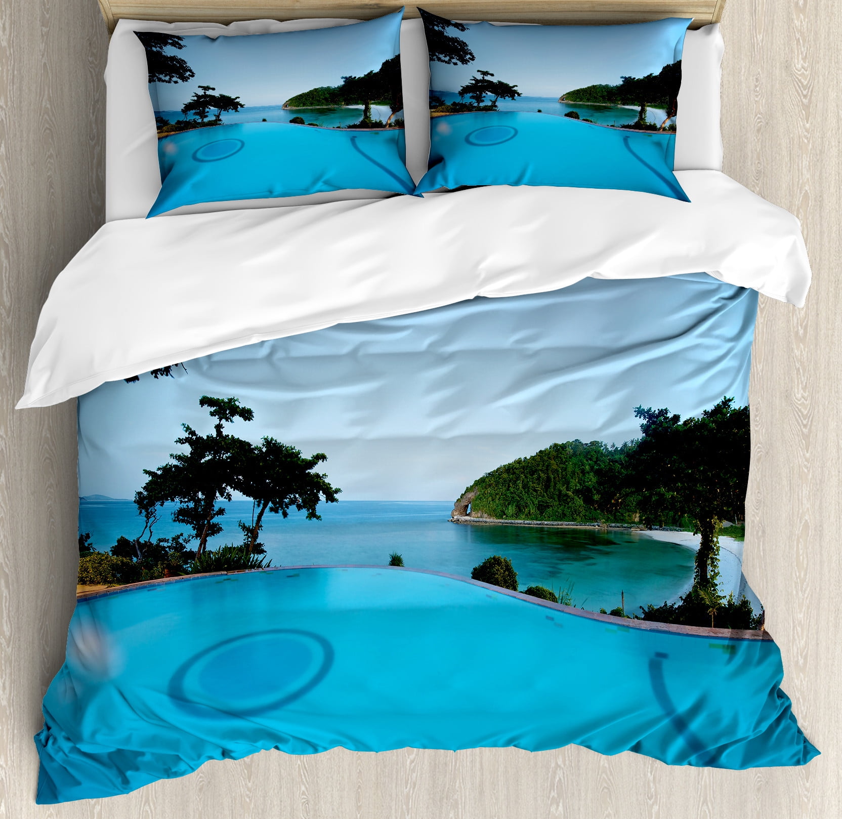 Landscape Duvet Cover Set, Pool View at Sunset Beach in Seacoast Ocean ...