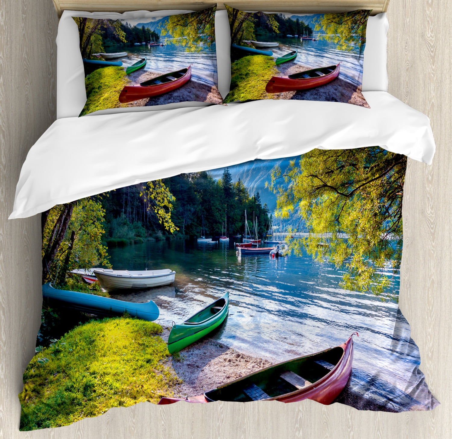 Landscape Duvet Cover Set Queen Size, Bohinj Lake with Boats Canoes ...