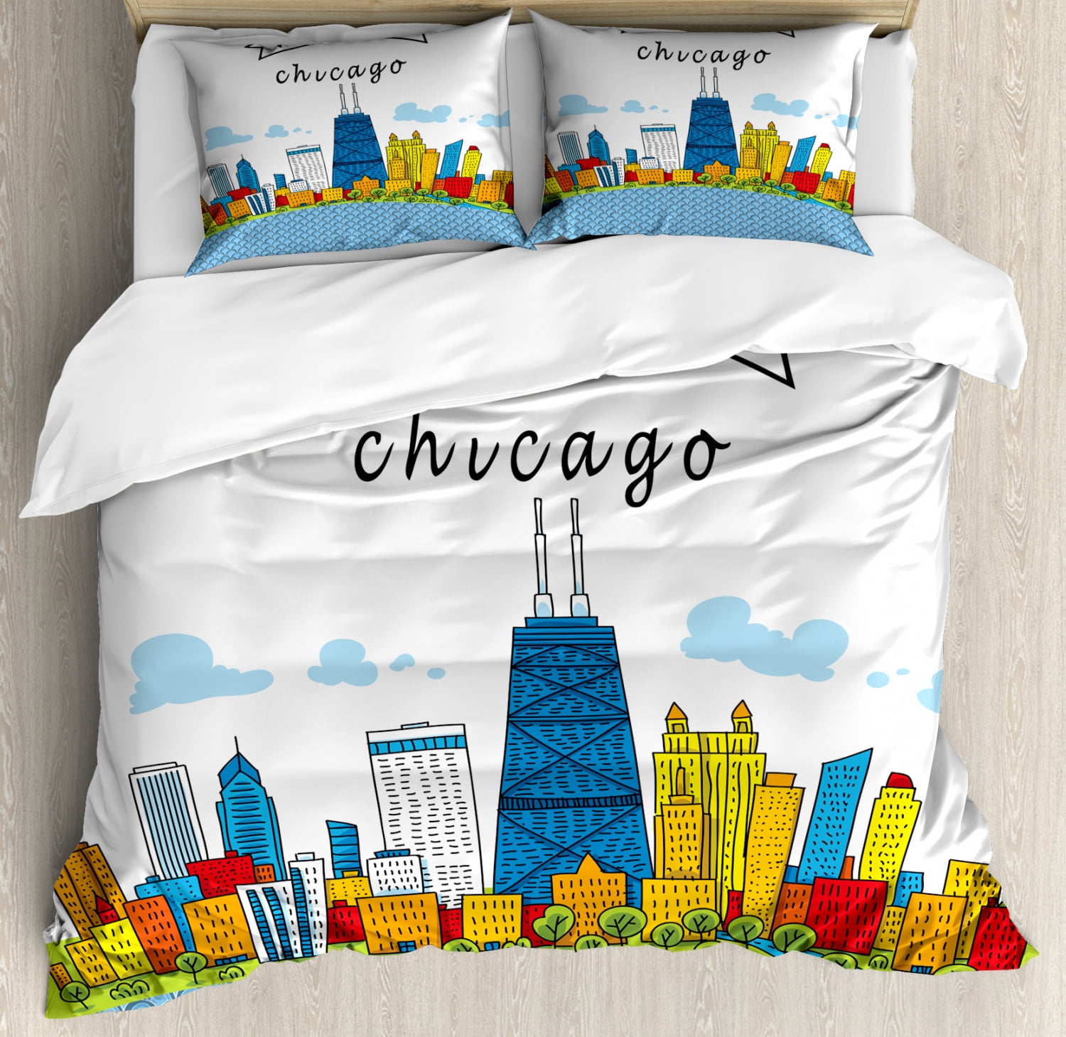 Landscape Duvet Cover Set Queen Size, Chicago Skyline Cartoon Colorful ...